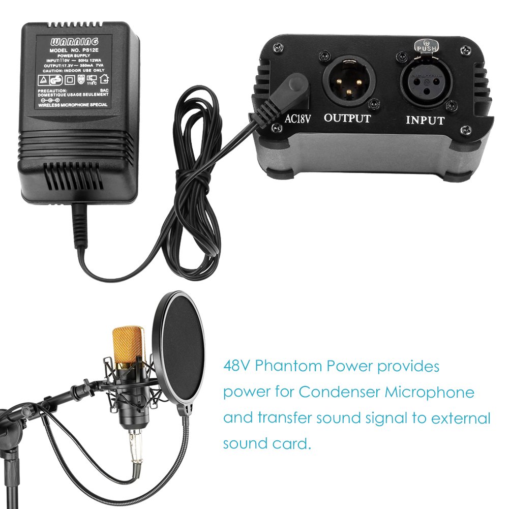 Neewer 1- Channel 48V Phantom Power Supply Black with Adapter and XLR Male to XLR Female Cable (2 Pack)