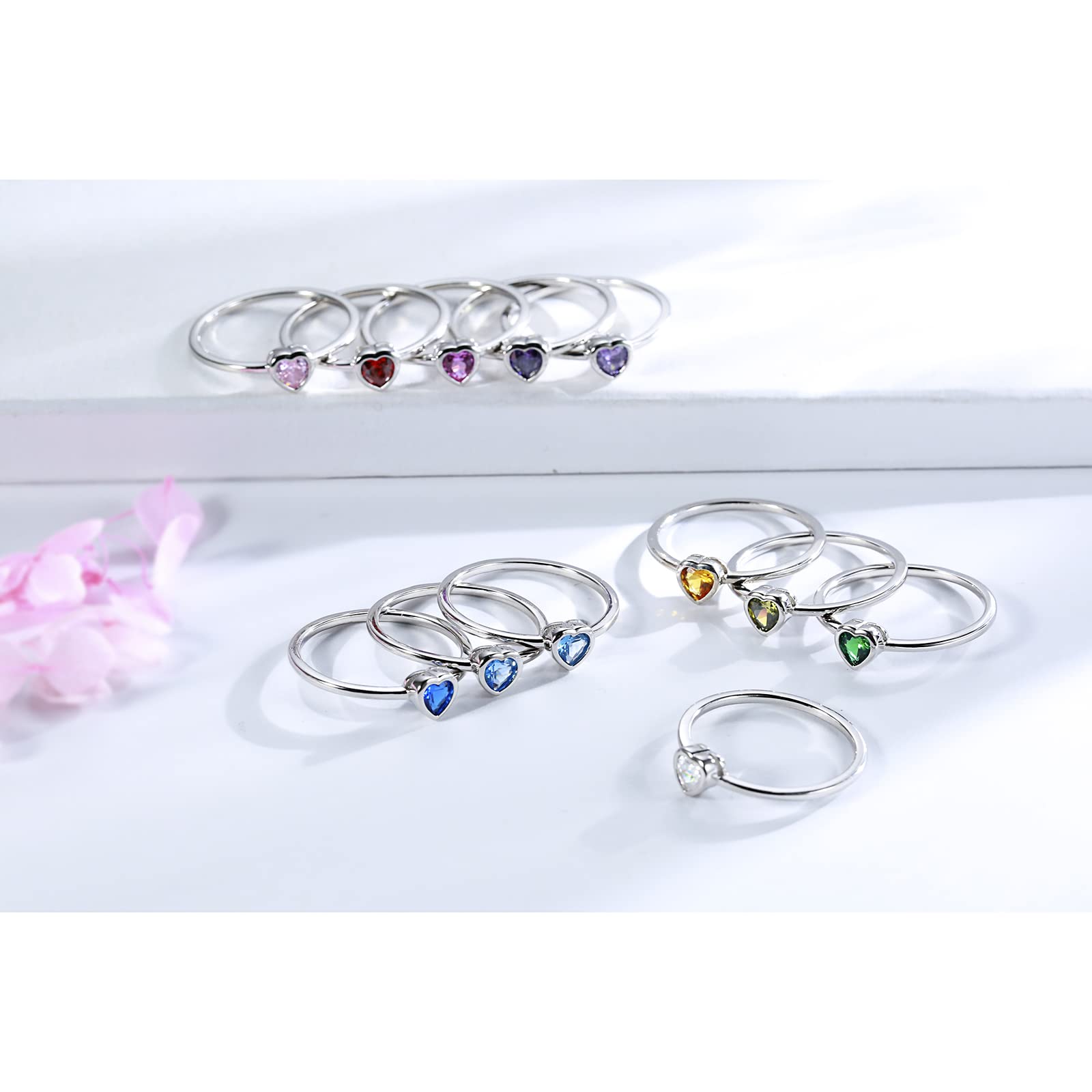 Simple Heart Birthstone Ring for Women 925 Sterling Silver Stackable Promise Ring with Colorful Cubic Zirconia Minimalist Jewelry Gift (March, 6)