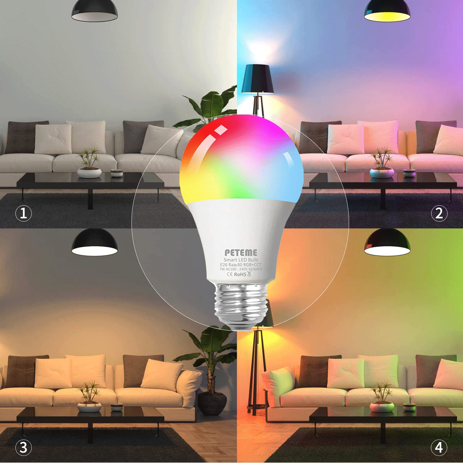 Smart Light Bulbs That Work with Alexa, Color Changing Dimmable 2.4Ghz WiFi Bulbs, A19 7W 600LM No Hub Required Peteme Smart Life Bulbs with APP Control, Echo, Google Assistant Compatible, 4 Pack