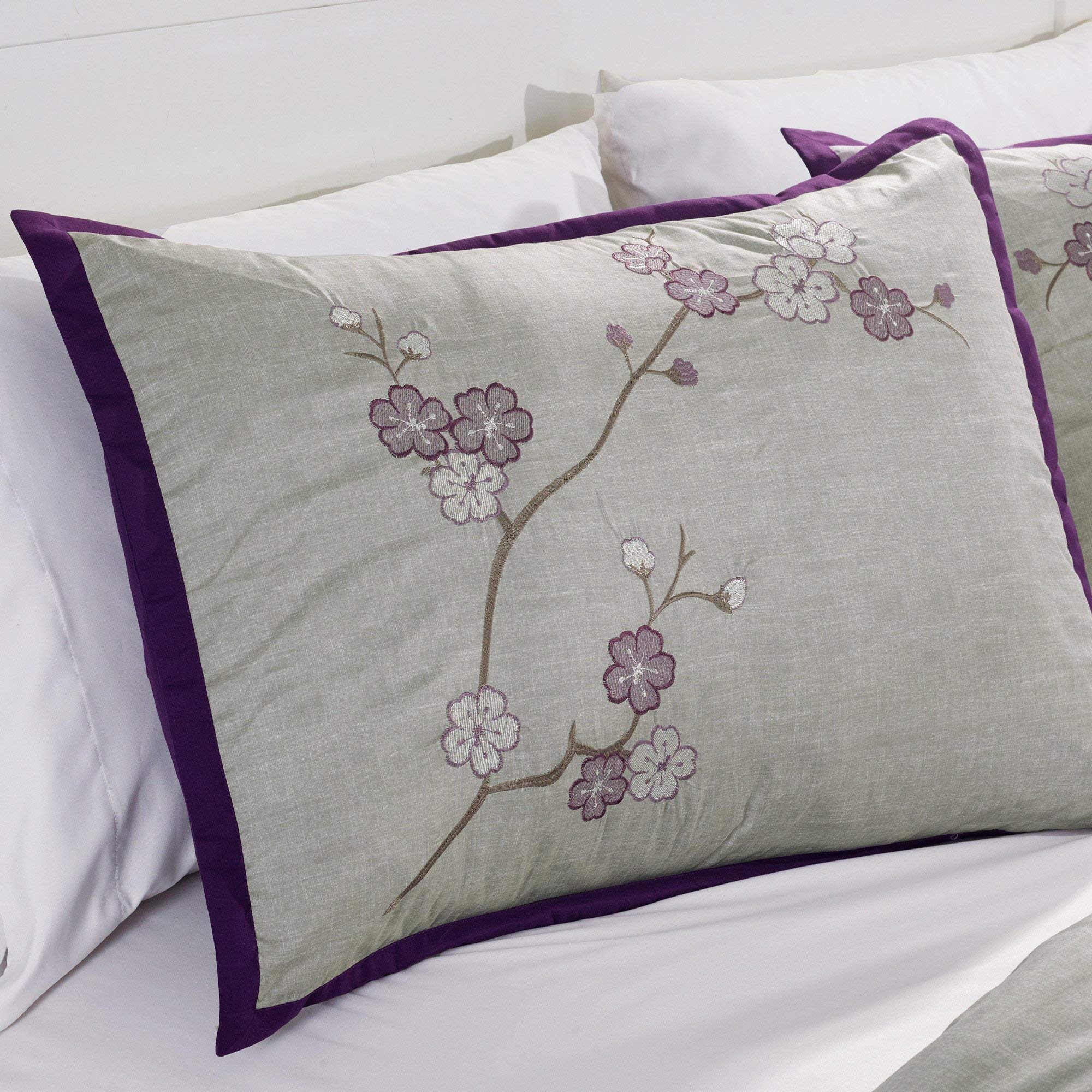 Miki 7-Piece Luxury Purple Cherry Blossoms Floral Embroidery Bedding Comforter Set Queen Size