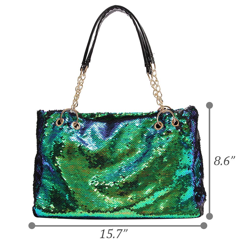 QTKJ Fashion Two Tone Reversible Sequin Tote Bag Zipper Shoulder Bag with Chain and Leather Straps (Green)
