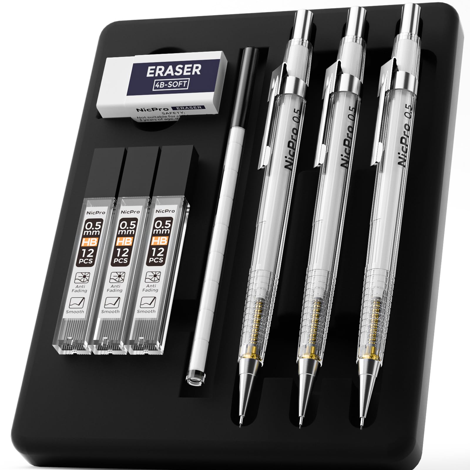 Nicpro 3 PCS 0.5 mm Art Mechanical Pencil Set with Case, Drafting Pencil 0.5mm with 3 Tubes HB Lead Refills, Eraser for School Supplier, Architect Art Writing, Drafting, Drawing, Sketching