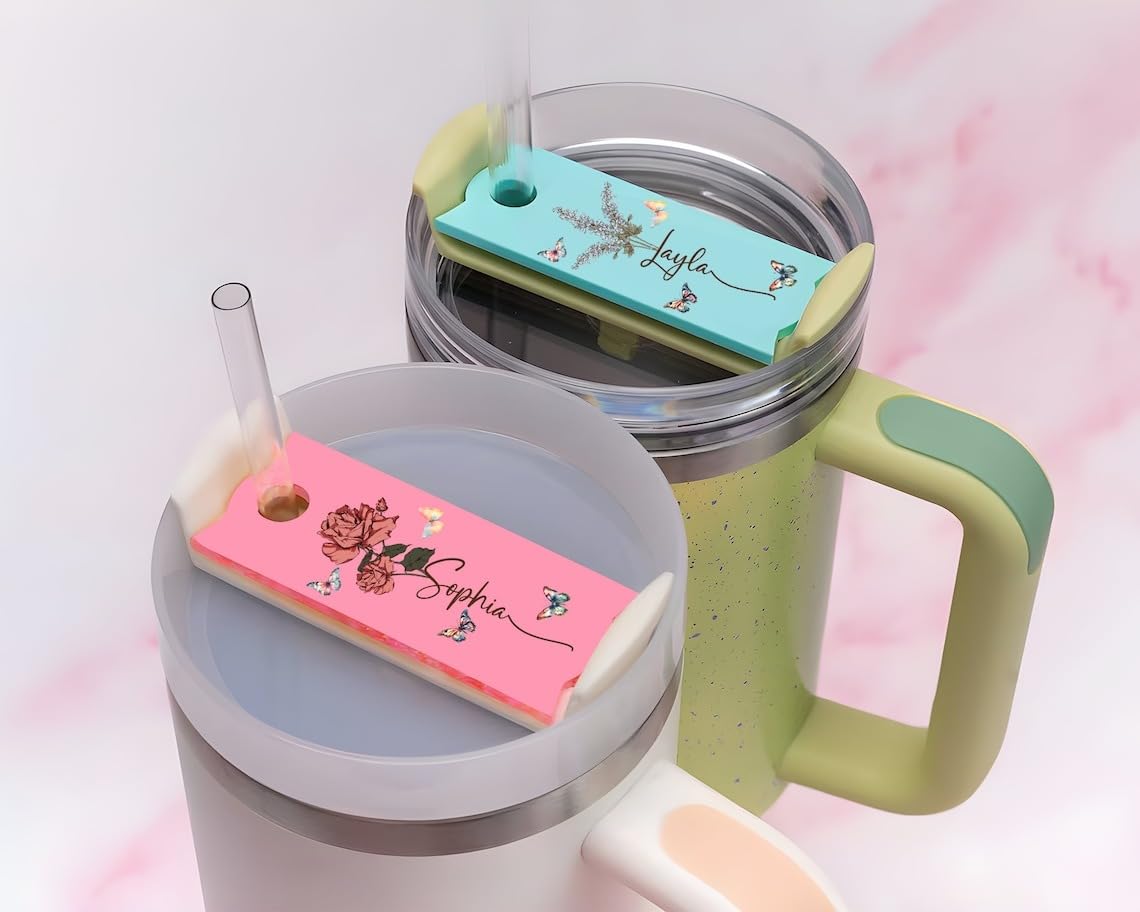 Personalized Birth Flower Stanley Tumbler Topper, 40oz 30 oz, Stanley Cup Accessory, Name Plate