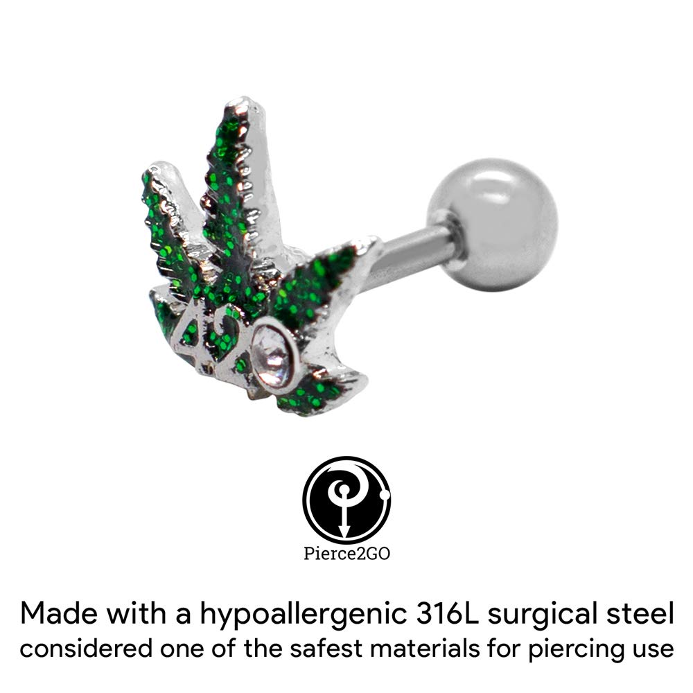 Pierce2GO 16G Stainless Steel 4/20 Marijuana Weed Leaf Green Silver Cartilage Ring (Pot Leaf)