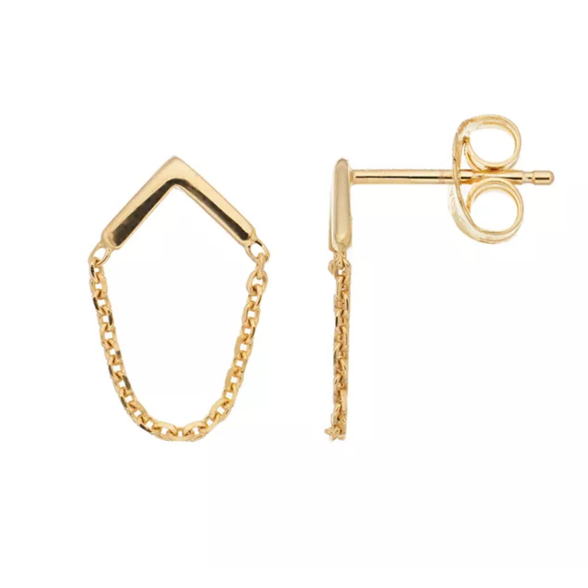 Solid 14K Gold Chevron Stud Earrings - Minimalist Gold Chain Earrings, Geometric Dainty Gold Earrings For Women, Gold Short Dangle Earrings
