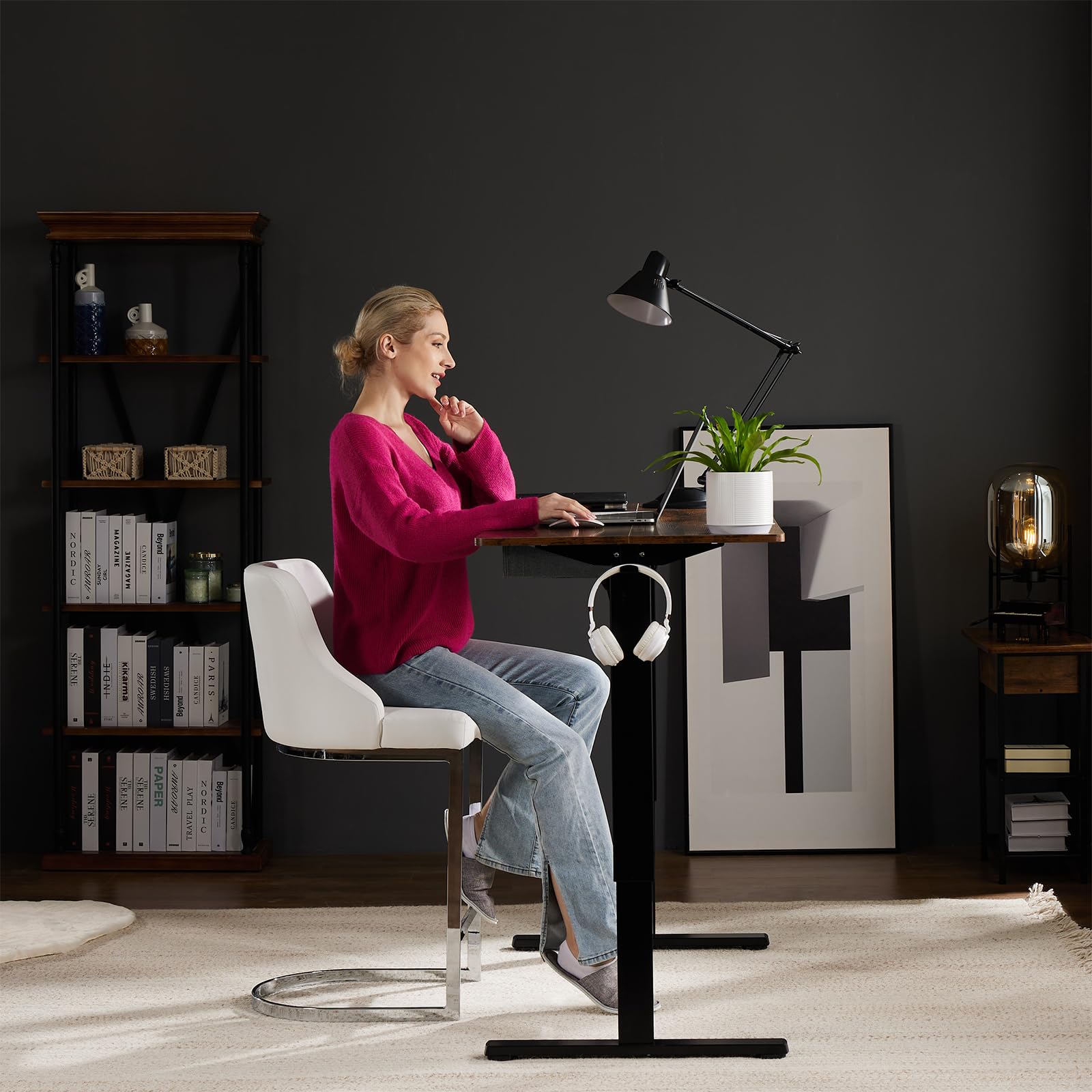NEWBULIG Electric Height Adjustable Sit Stand Home Office Computer Desks with Drawer, 40 Inch, Rustic Top and Black Frame