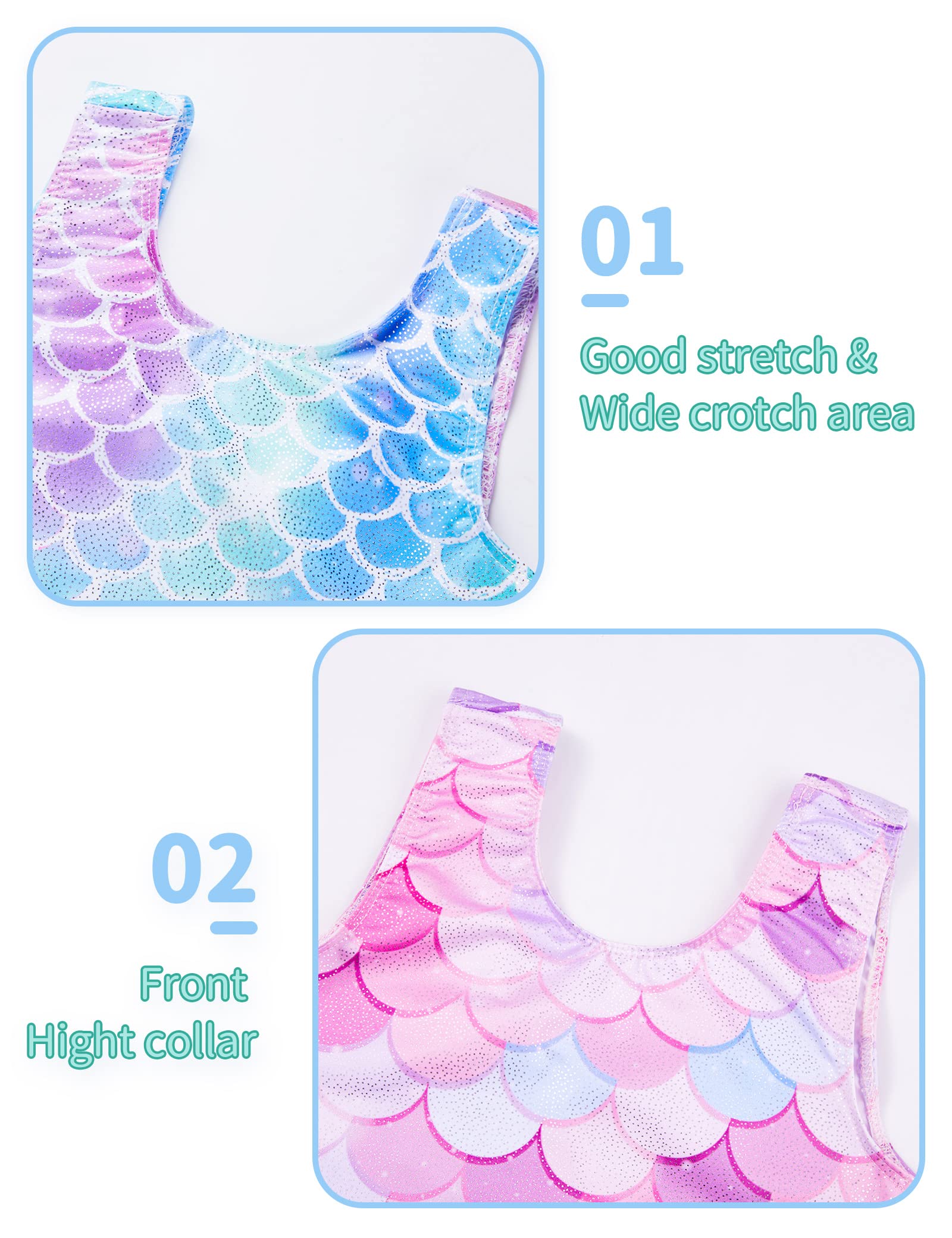 Nymphperi Girls Gymnastics Leotards Size 6-7 Years Old Sparkly Blue Pink Mermaid Scale Biketards with Shorts for Children Practice Workout