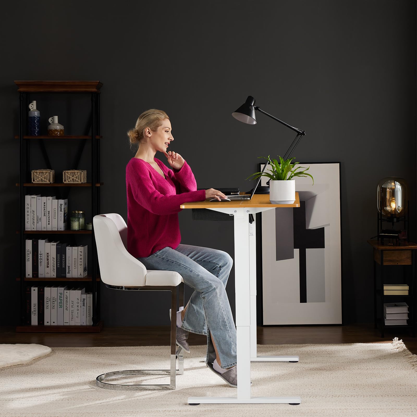 NEWBULIG Electric Height Adjustable Sit Stand Home Office Computer Desks with Drawer, 48 Inch, Oak Top and White Frame