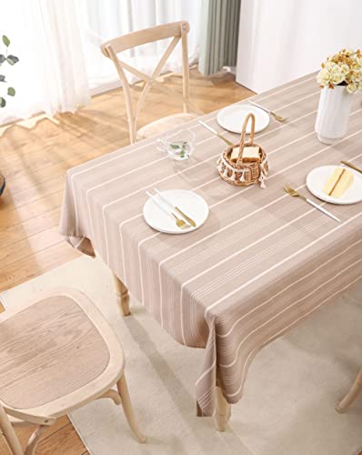Simple&Opulence Linen and Cotton Stripe Waterproof Rectangle Tablecloth for Dinner,Picnic,and Indoor&Outdoor Party for Easter (Brown Background,White Stripe,60''x104'')