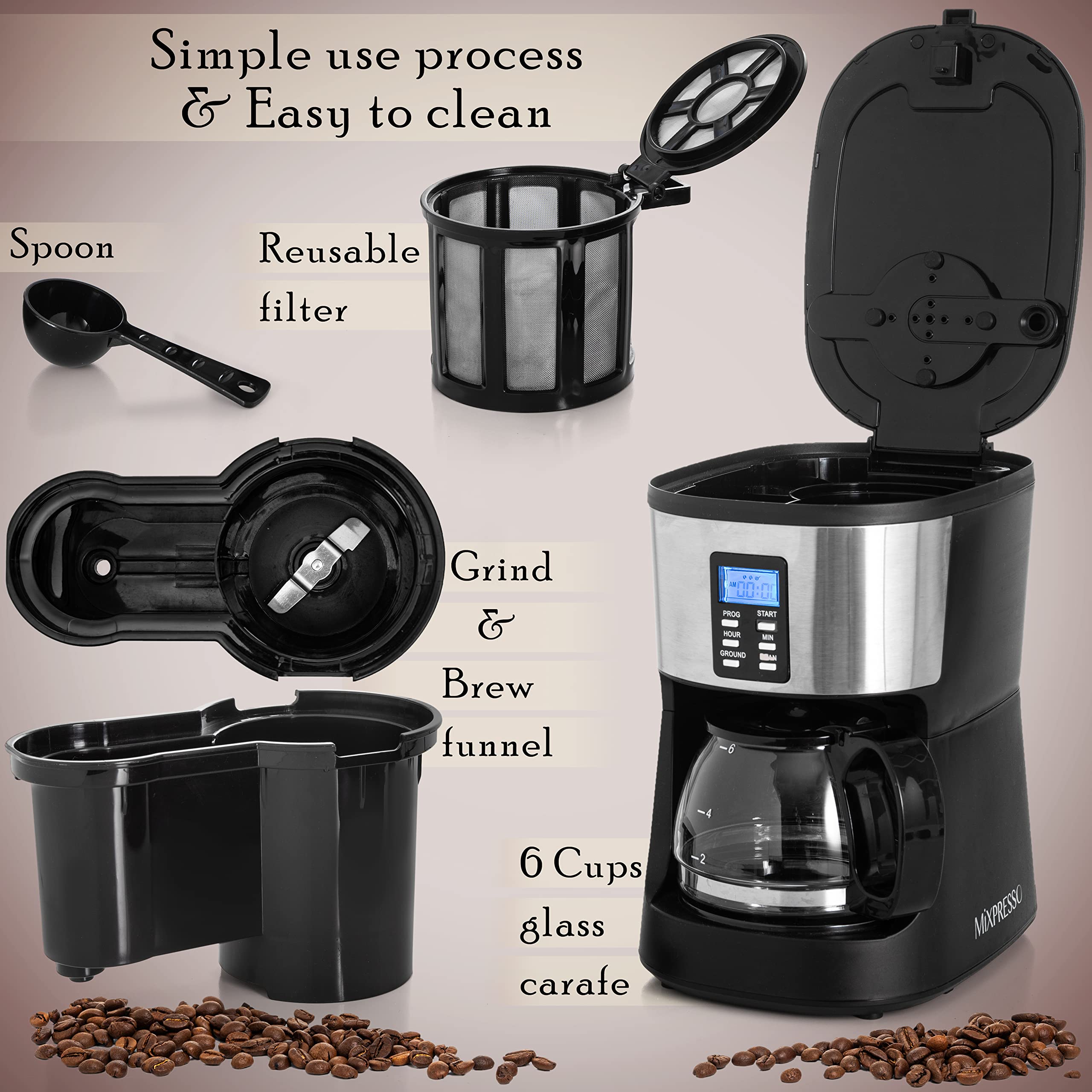 Mixpresso 5-Cup Drip Coffee Maker, Automatic Brew Coffee Pot Machine with Built-In Burr Coffee Grinder, Programmable Smart Coffee Maker with Timer With Glass Carafe Coffee Pot