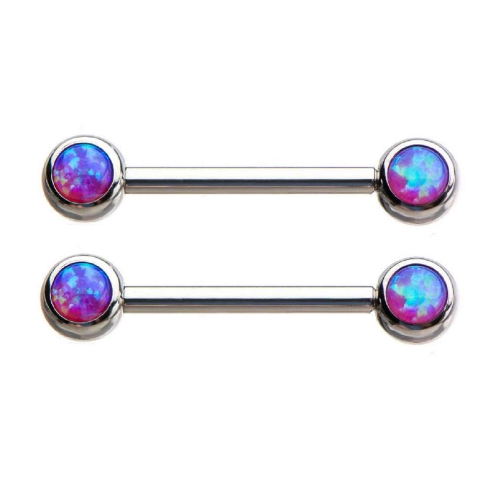 Pierced Owl 14G Stainless Steel Bezel Set Purple Synthetic Opal Nipple Barbells, Sold as a Pair (Silver Tone)