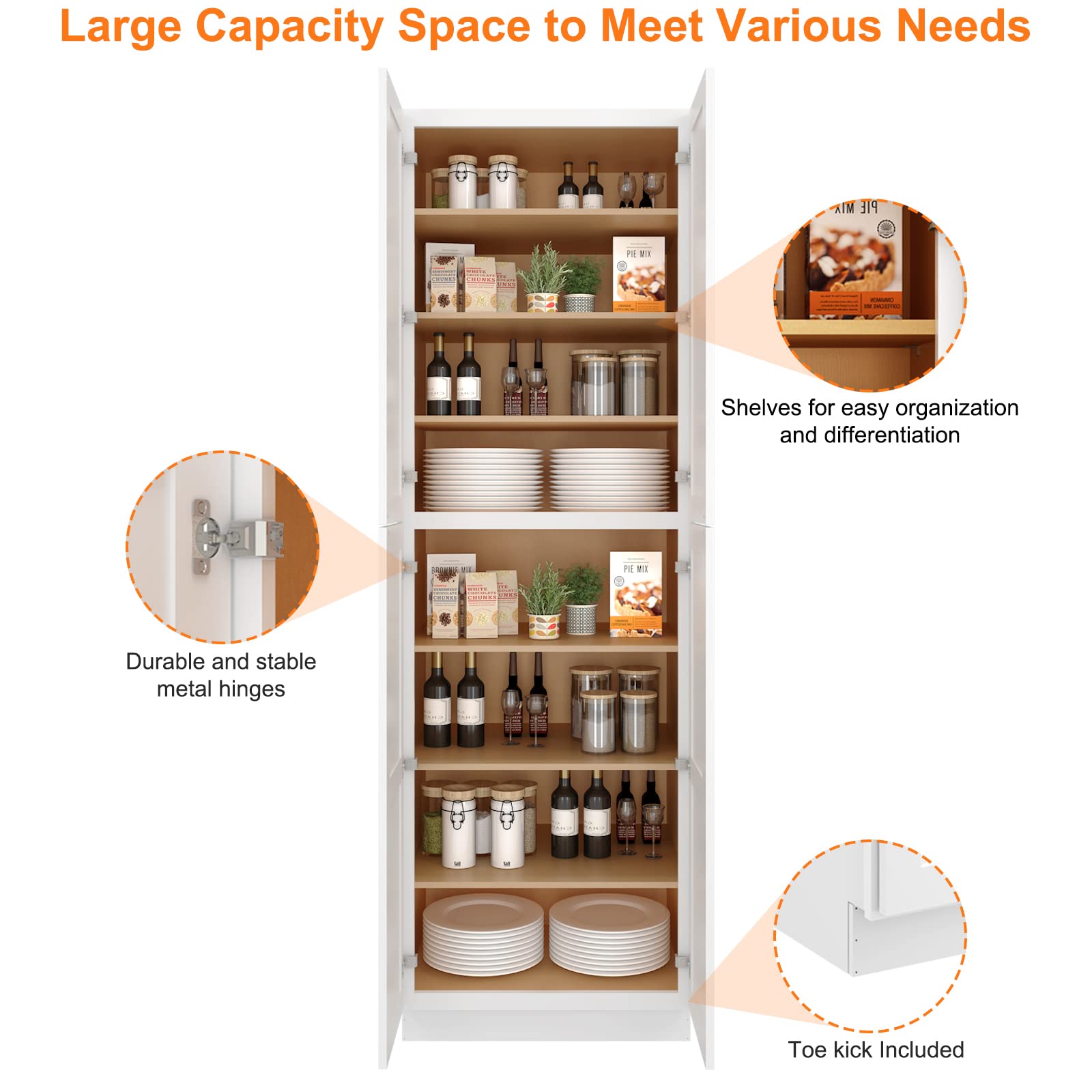 ROOMTEC 96" Kitchen Pantry Storage Cabinet - Modern Tall Storage Cabinet, 4 Doors & 6 Adjustable Shelves, Freestanding Utility Cupboard for Kitchen, Living Room, Dining Room