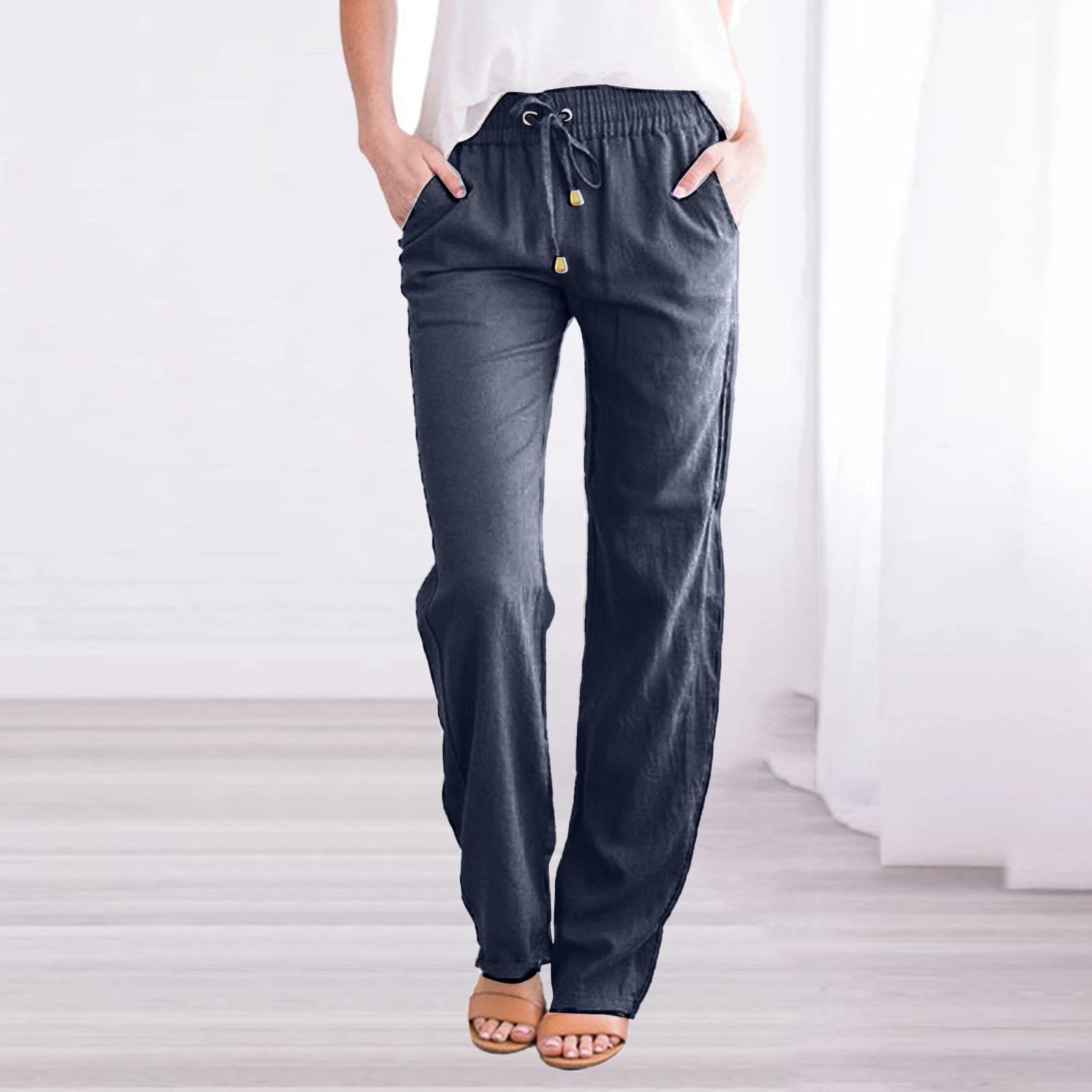 YangqiGY Womens Casual Pants Straight Solid Elastic Long Drawstring Linen Waist Wide Leg Yoga Navy #1 X-Large