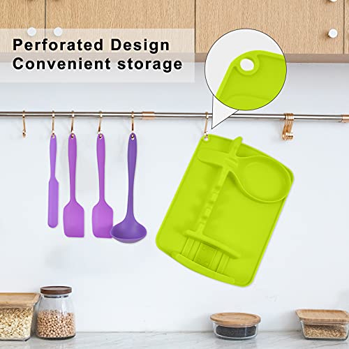 TATBOOMU Silicone Spoon Rest 3 in 1 Larger Size Silicone Spoon Holder for Stove Top,Upgraded Utensil Rest with Drip Pad for Multiple Utensils,Pot lid holder,Easy to Clean (Green)