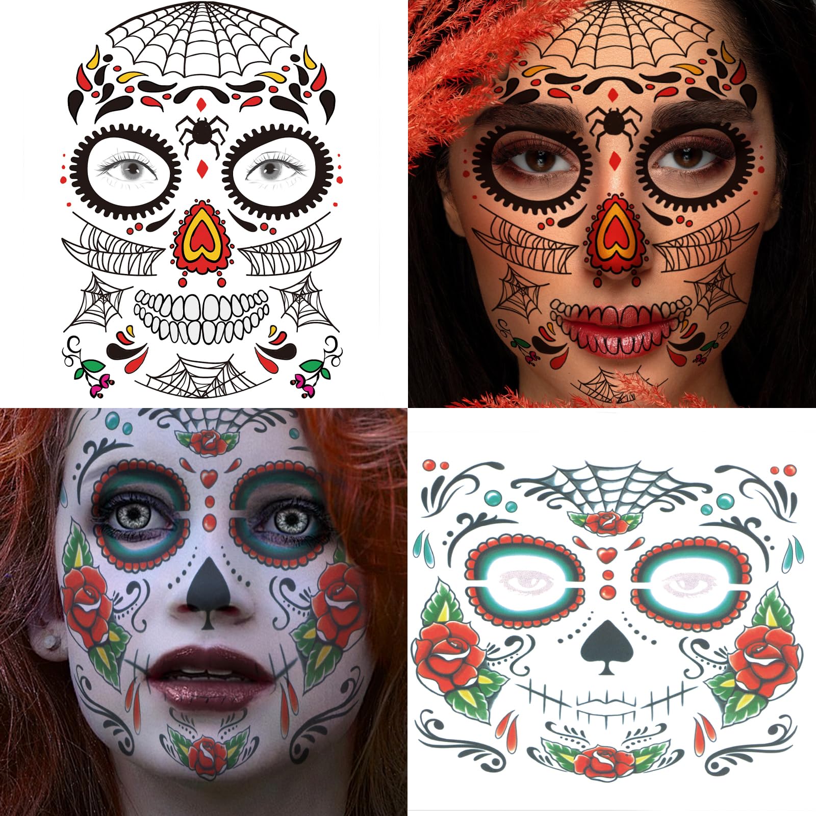 Temporary Face Tattoo, 8 Kits Tattoos Sugar Skull Stickers Day of The Dead Makeup, Face Tattoo Rose Design for Halloween, Masquerade and Parties