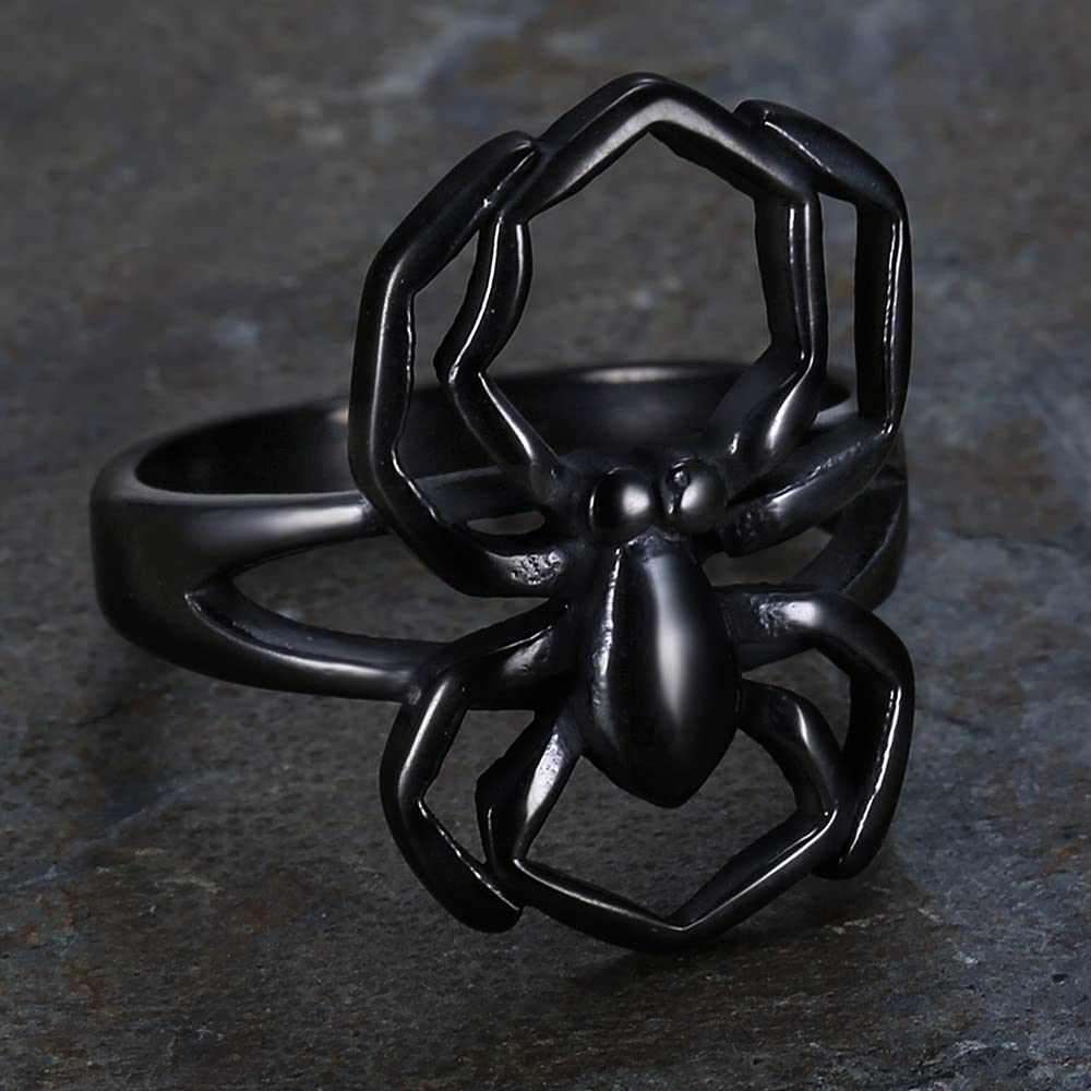 Retro Vintage Stainless Steel Fat Spider Halloween Cocktail Party Biker Ring (Black, 7)