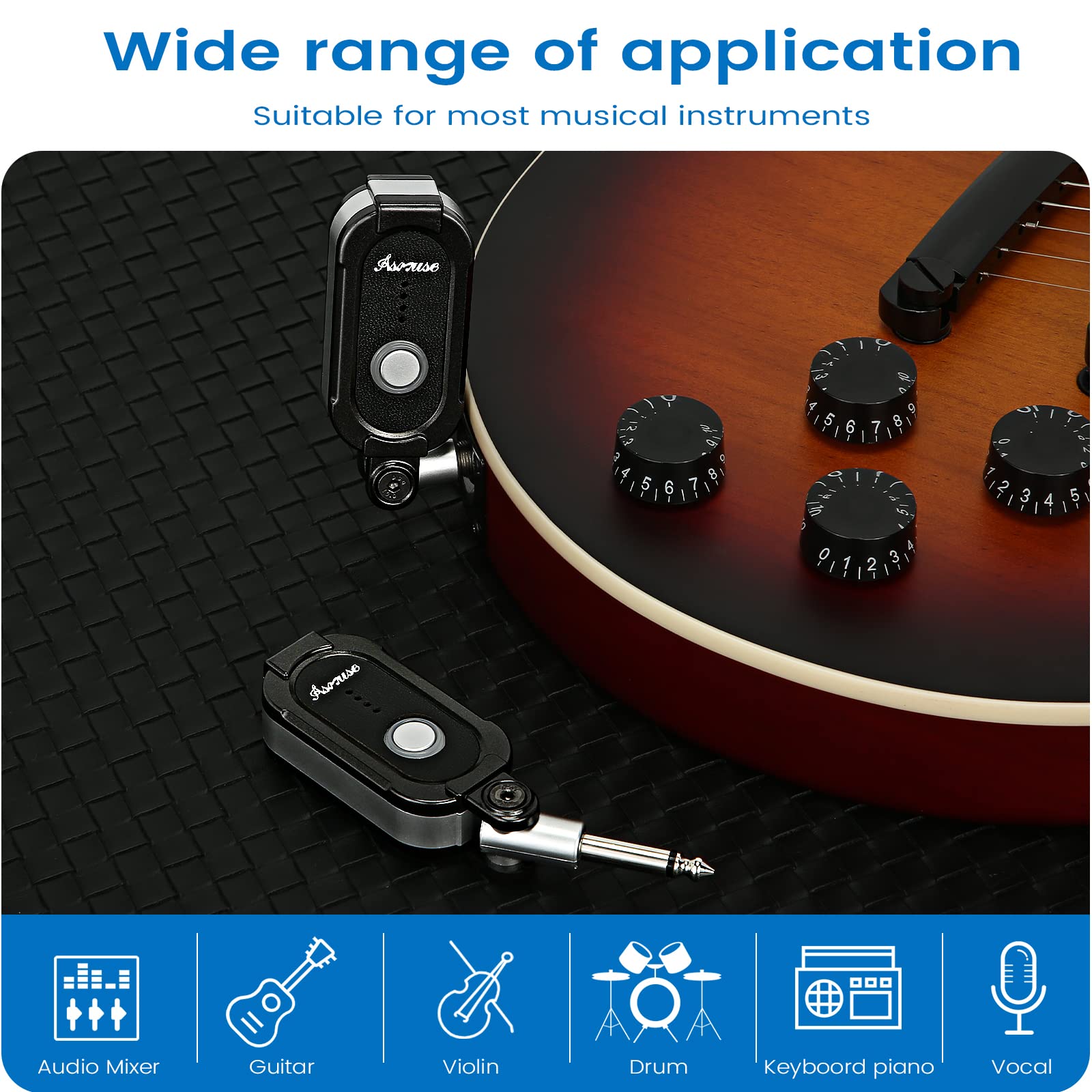 UHF Wireless Guitar System, Rechargeable Digital Wireless Guitar Transmitter Receiver with 20 Channels and Over 6 Hours Long Battery Life for Electric Guitar Bass