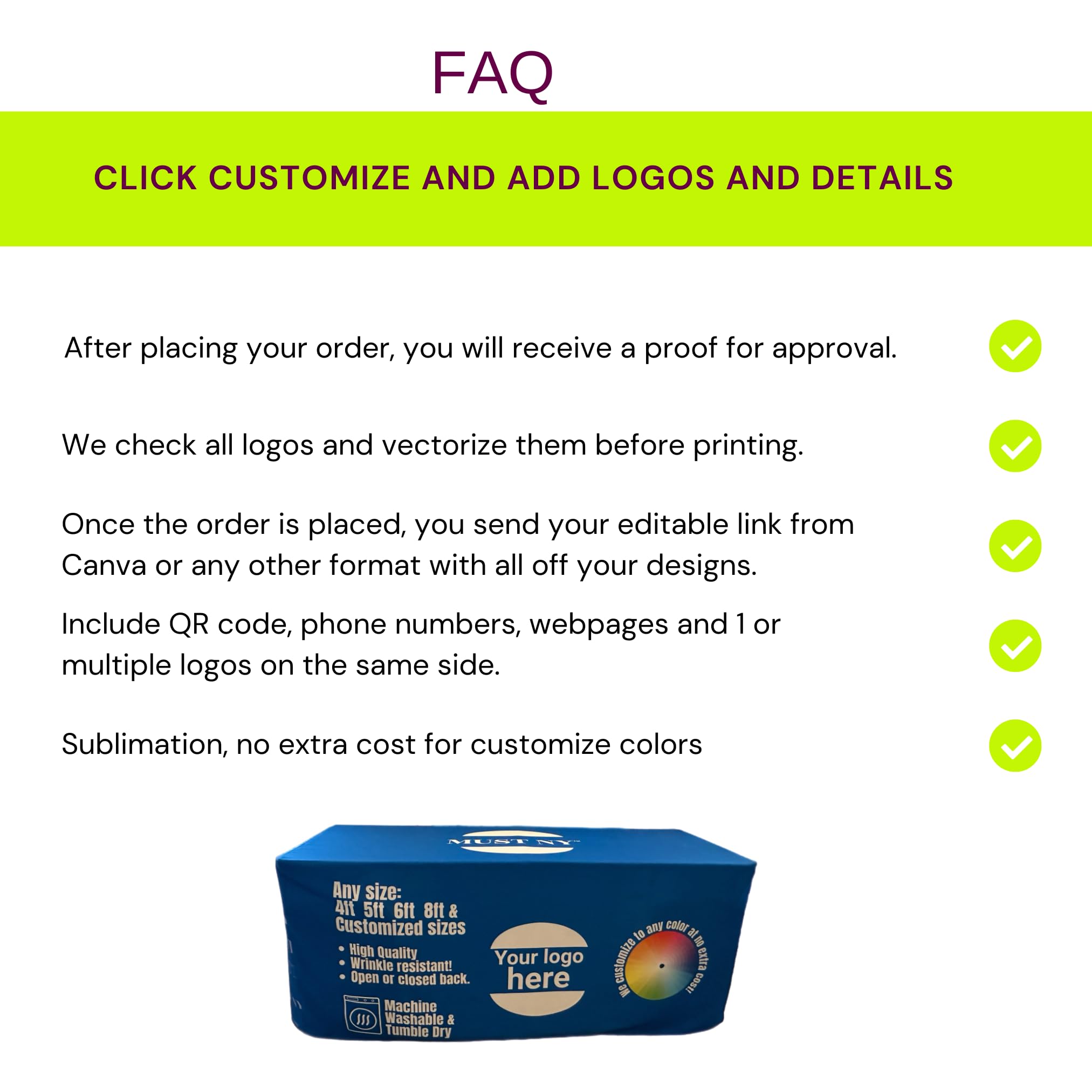 Personalized Customized with Logo Table Cloth 4FT 6 FT 8 FT Table for Tradeshow Events Birthday Wedding Anniversary Tradeshow Mantel Personalizado (Rectangle 6FT30 x 72" x 30" No Pleats no Back)