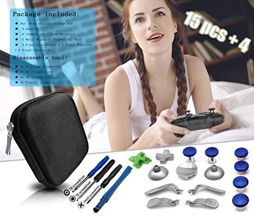 Quartet trade Elite Kit for Xbox One Elite Controller Accessory (6 Different Metal Analog Sticks - 4 Paddles - 2 D-Pads - and 2 Magnetic Base Xbox One Elite Controller Replacement(Blue)