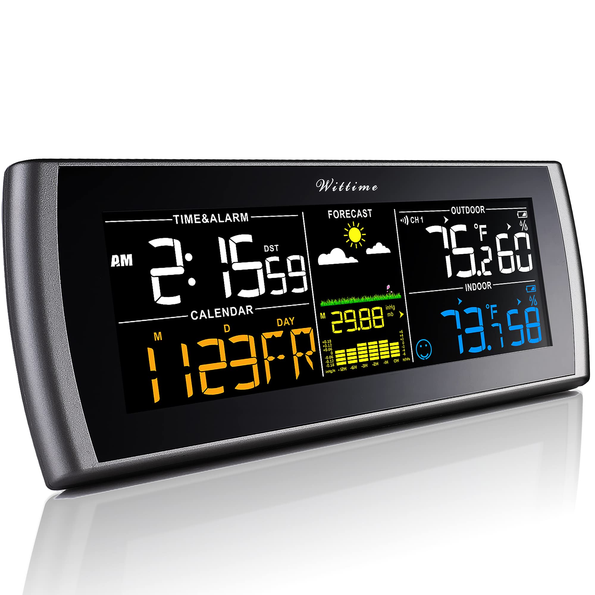 Wittime 2101 Weather Stations Wireless Indoor Outdoor Thermometer Temperature Humidity Monitor with 7.5" Large Adjustable HD Color Display and Outdoor Sensor