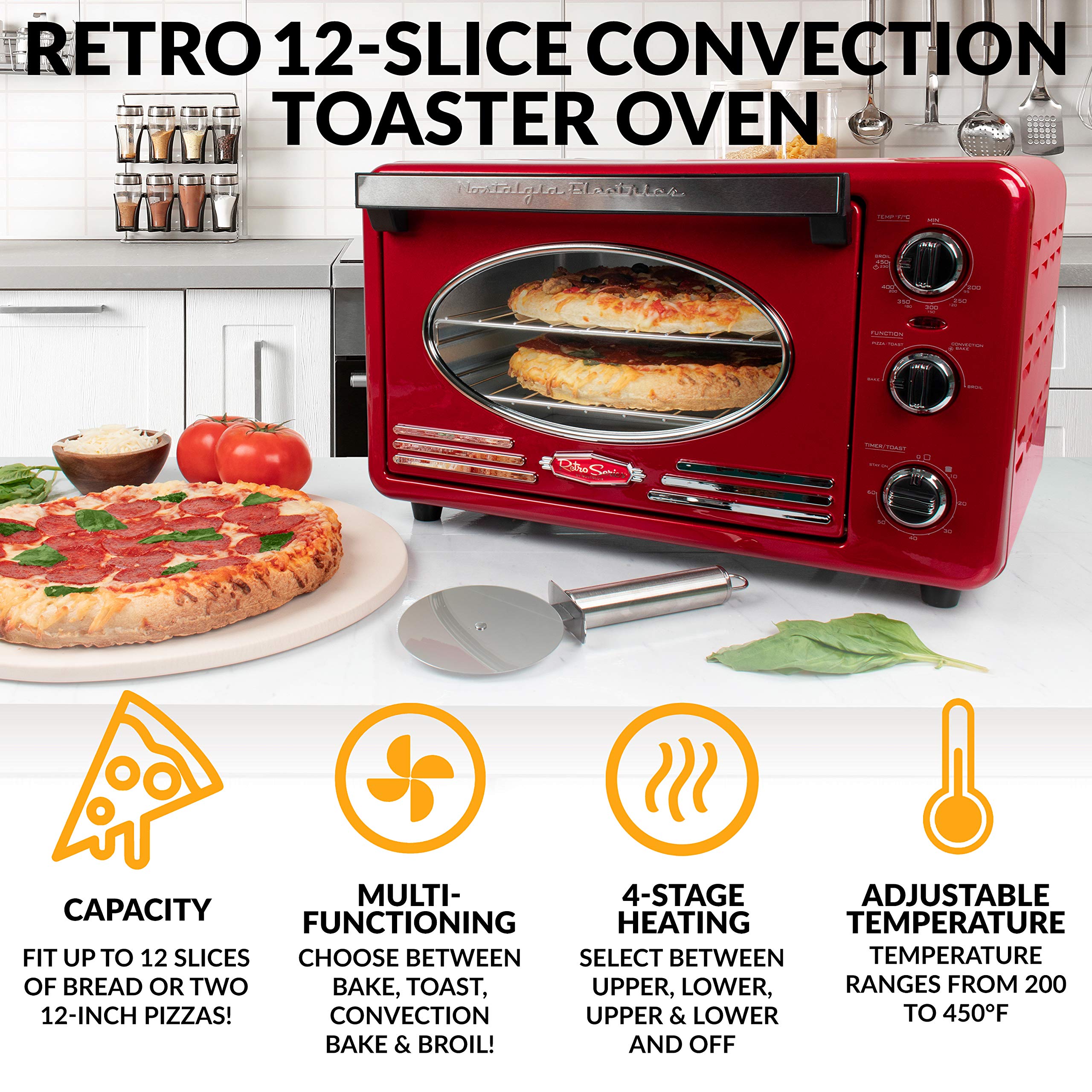 Nostalgia Retro Countertop Microwave Oven, 0.9 Cu. Ft. 800-Watts with LED Digital Display, Child Lock, Easy Clean Interior, Red & RTOV2RR Multi-Functioning Retro Convection Toaster Oven,Metallic Red