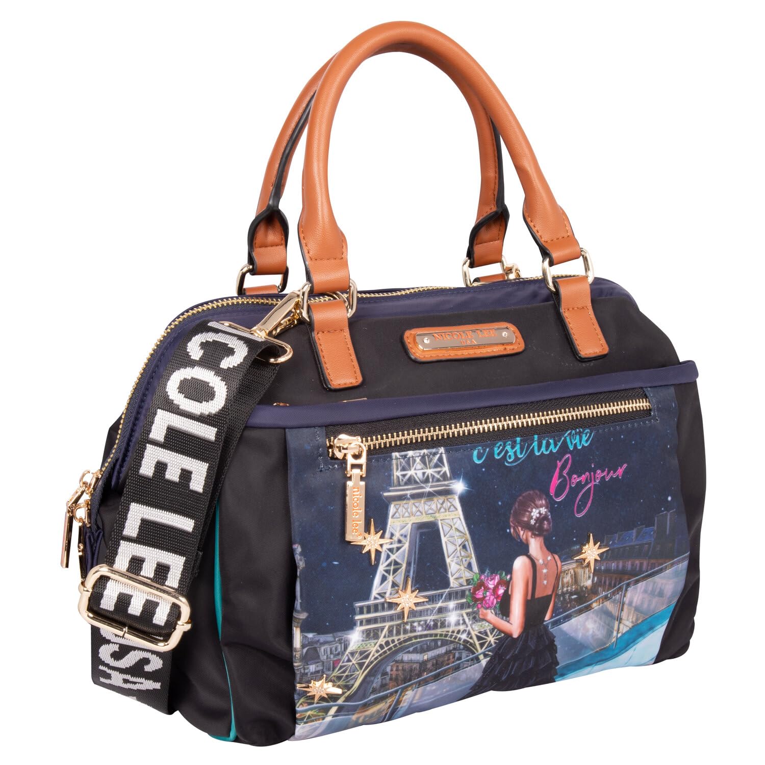 Nicole Lee Nylon Tonight For You Utility Handbag with Wide Opening, Multiple Pockets, Optional Shoulder Strap, Evening Paris Fashion Print, Navy Blue