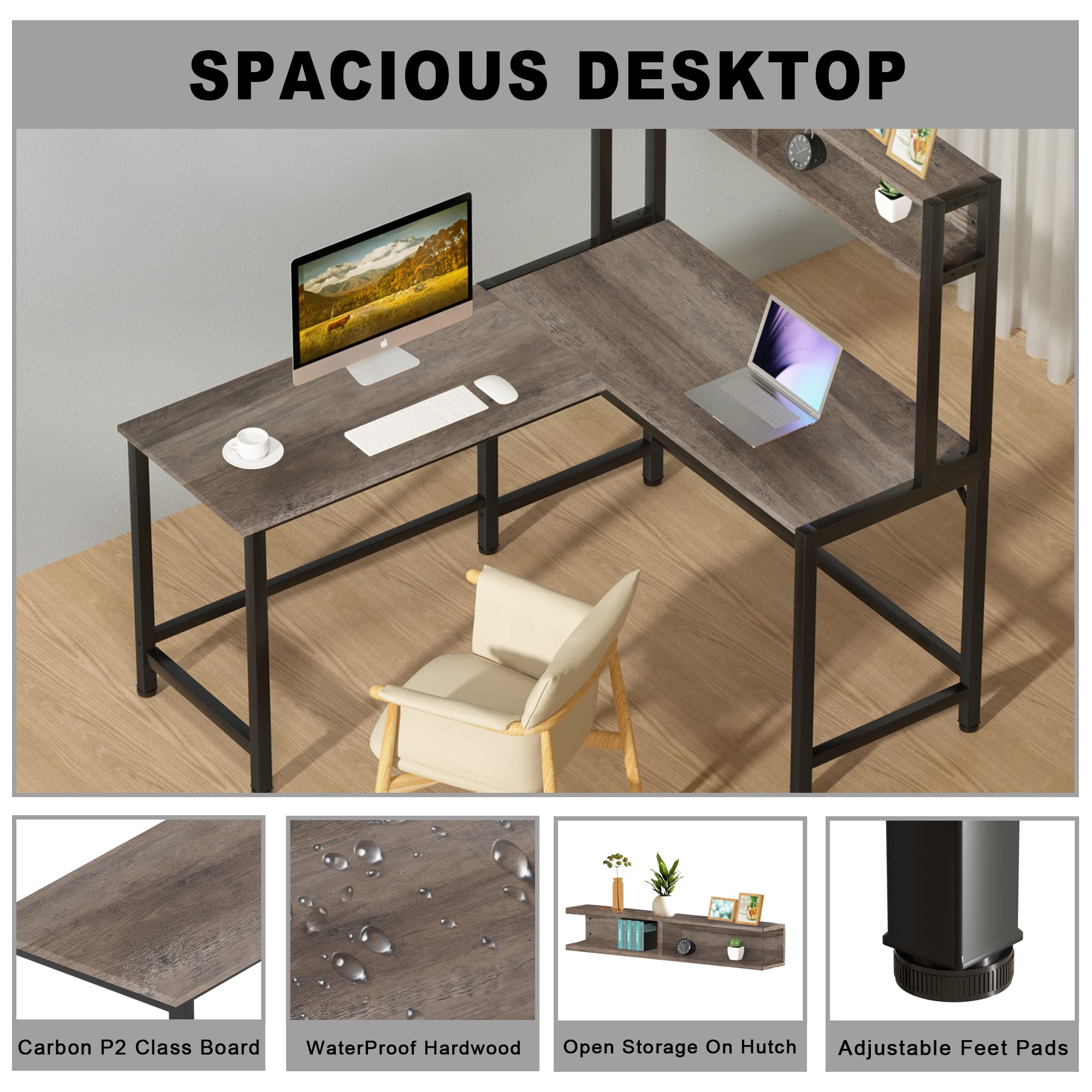 TechLand L Shaped Desk with Hutch, 55 Inch Corner Computer Desk Gaming Table Workstation with Storage Shelves Bookshelf, Study Writing Space Saving Desk for Home Office Grey SMDK006GR 0