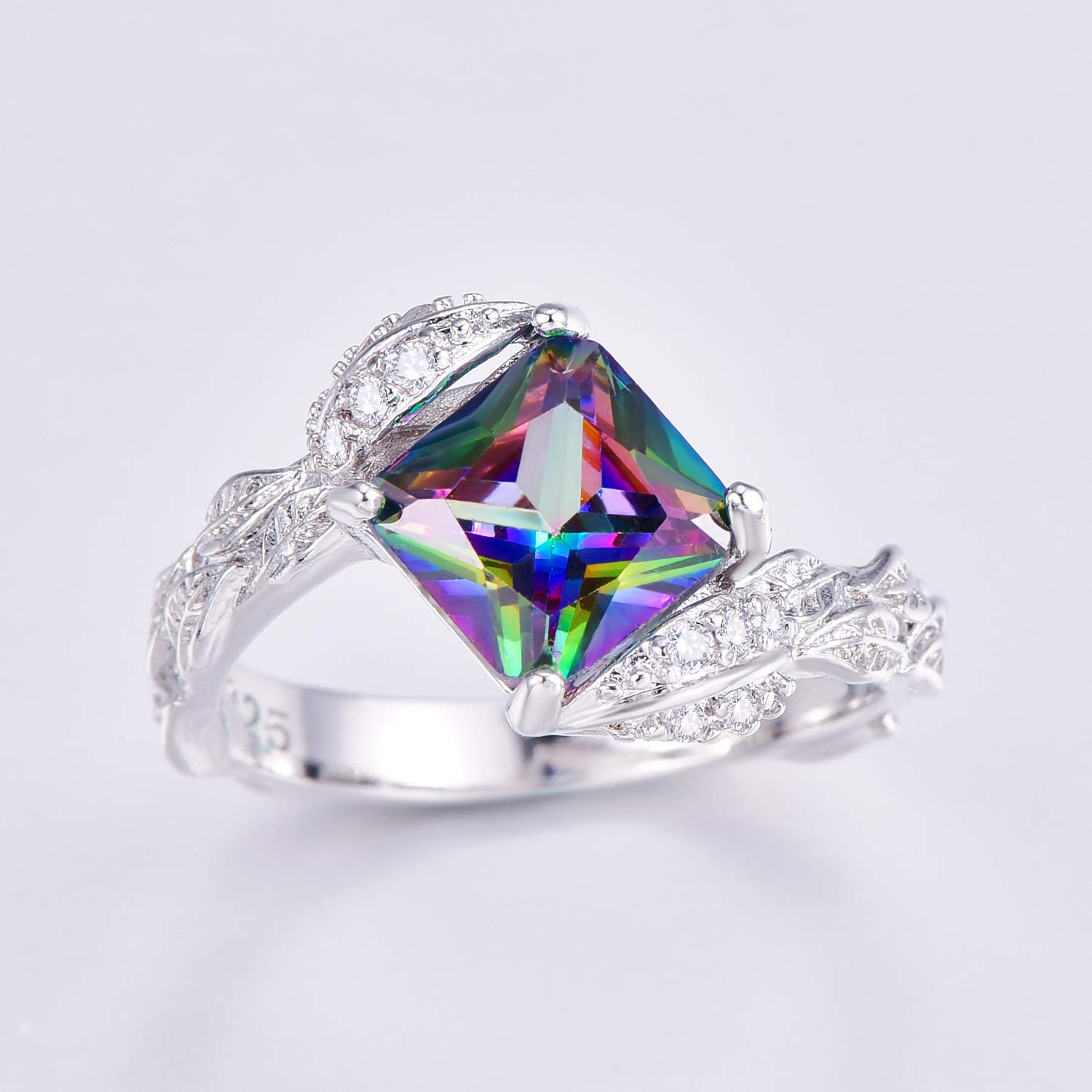 Psiroy 925 Sterling Silver Plated Created Rainbow Topaz Filled Leaf Bypass Band Princess Cut Engagement Ring for Women Size 8