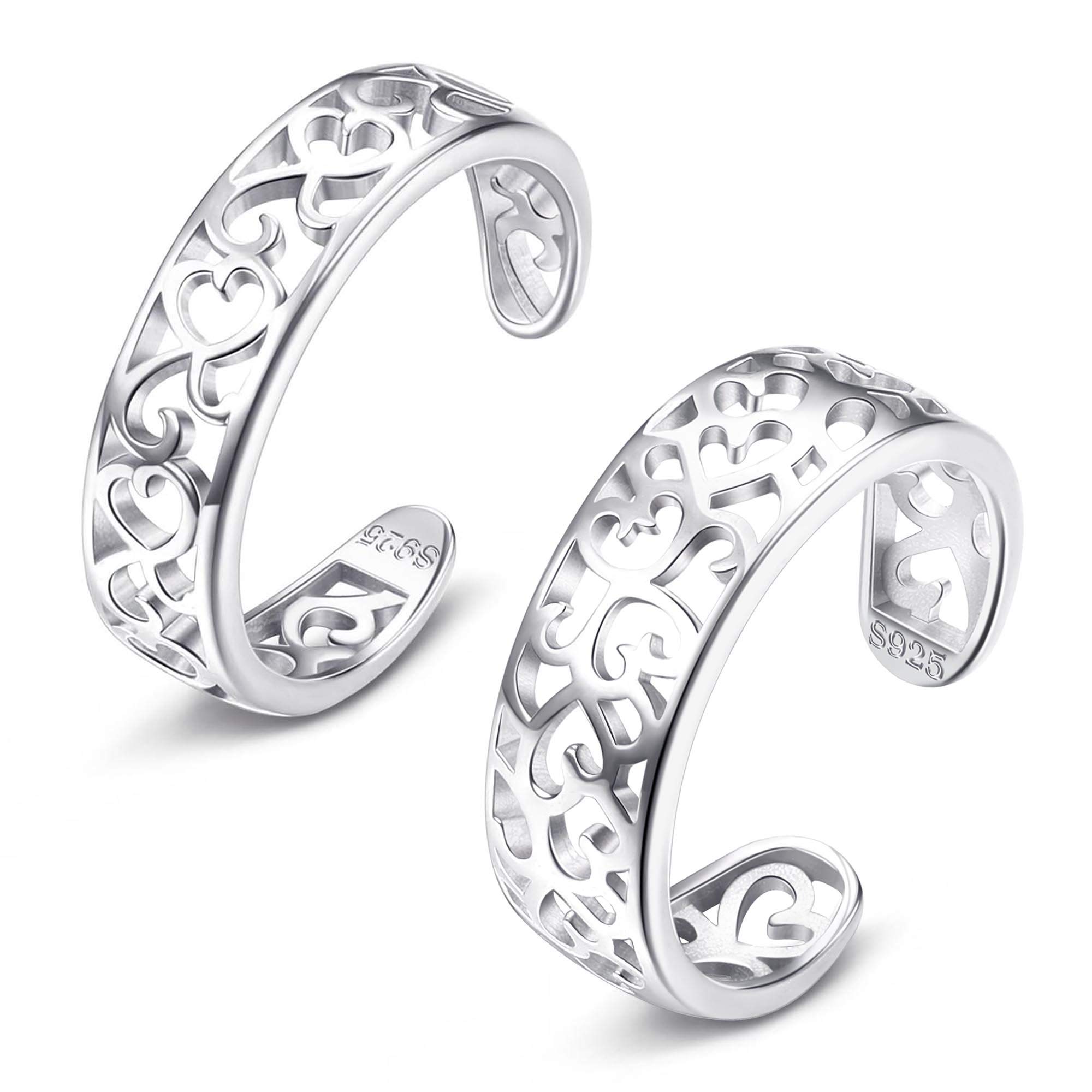 Sllaiss 2Pcs Sterling Silver Adjustable Toe Ring for Women Men Minimalist Open Finger Pinky Ring Set White Gold Plated Knuckle Ring Jewelry (Silver)