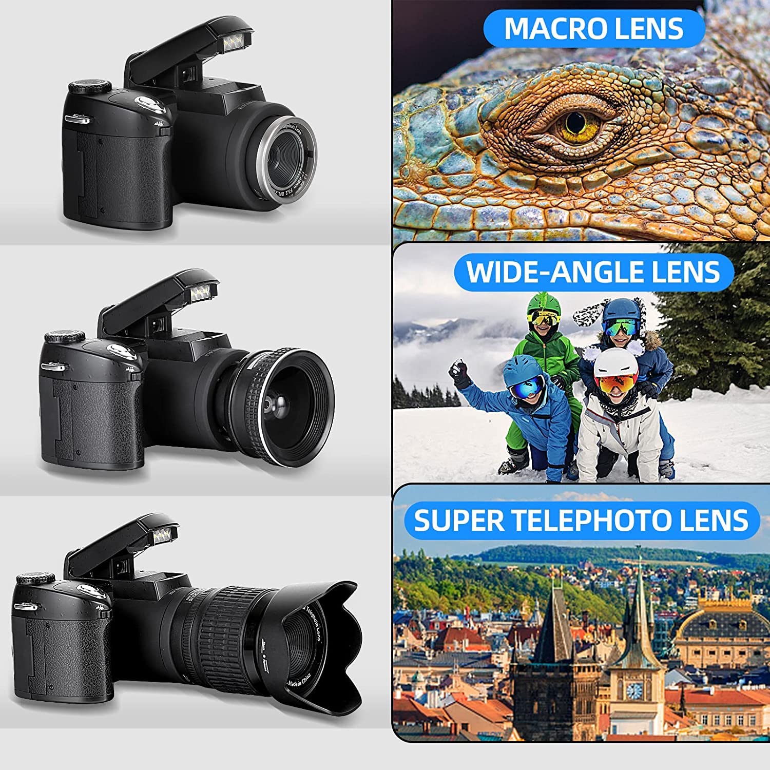 Monitech DSLR Cameras 33MP Digital Camera FHD 1080P Video Camera Auto-Focus Digital Cameras for Photography 24X Digital Zoom Vlogging Camera for YouTube with Tripod and 3 Lenses PT9