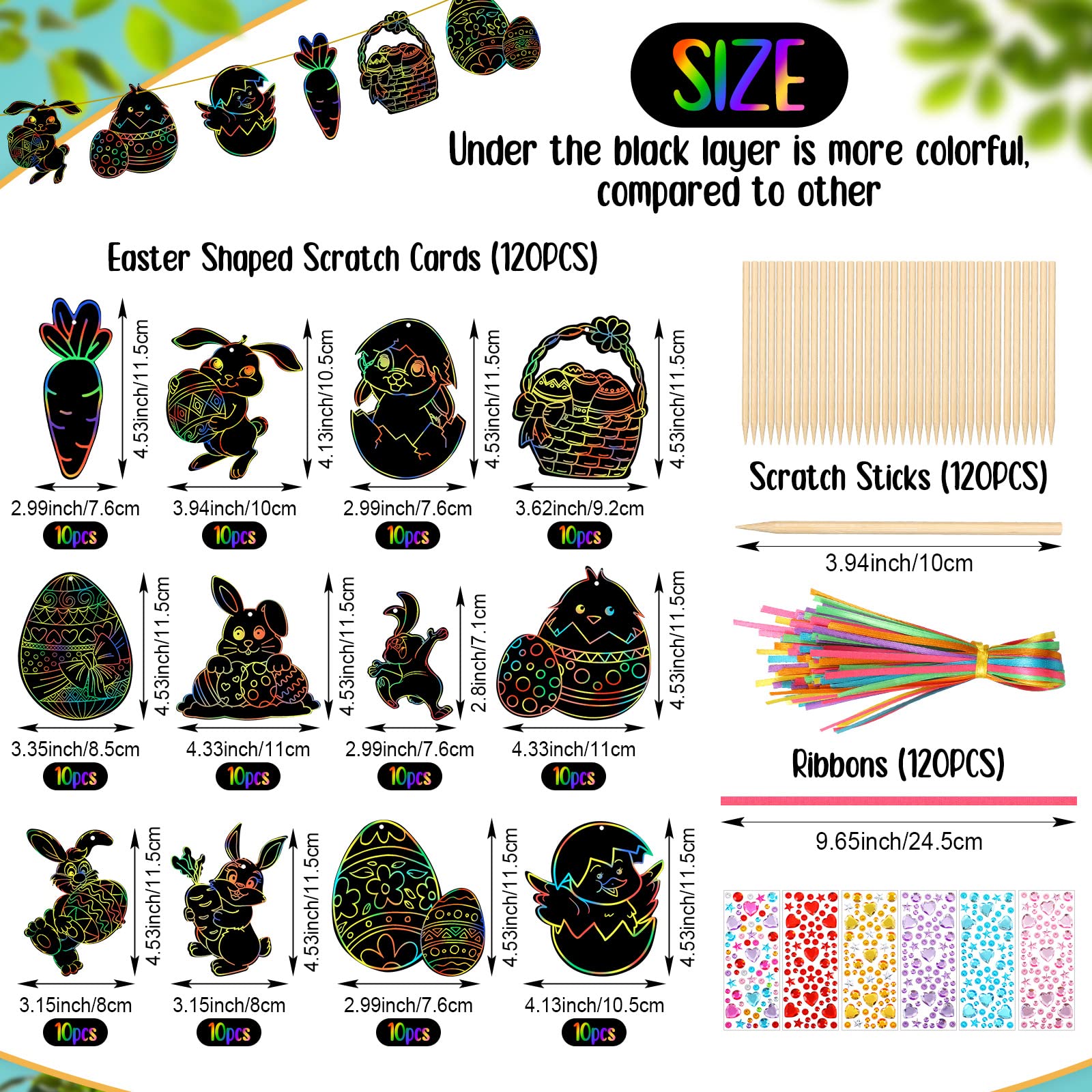 Yexiya 120 Pcs DIY Easter Craft Kits for Kids Scratch Paper Easter Ornaments Rainbow Easter Egg Scratching Tools Easter DIY Art Decoration with Gem Stickers Rhinestones for Home Classroom Easter