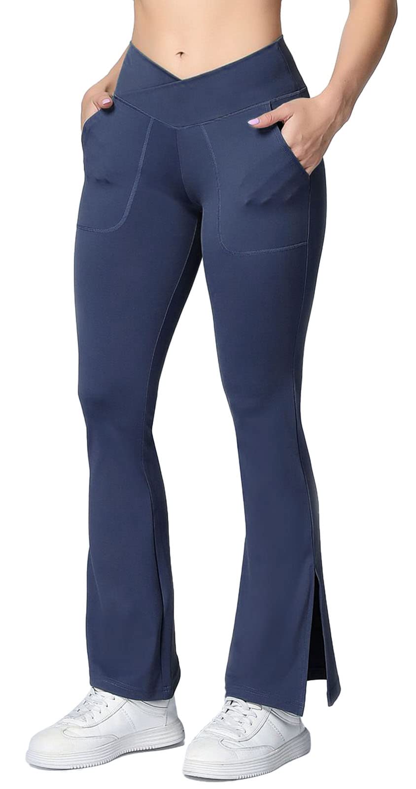 Y-blue Bootcut Yoga Pants with Pockets for Women Crossover Wide Leg Flare Leggings Split Hem Bootleg Full Length Work Pants