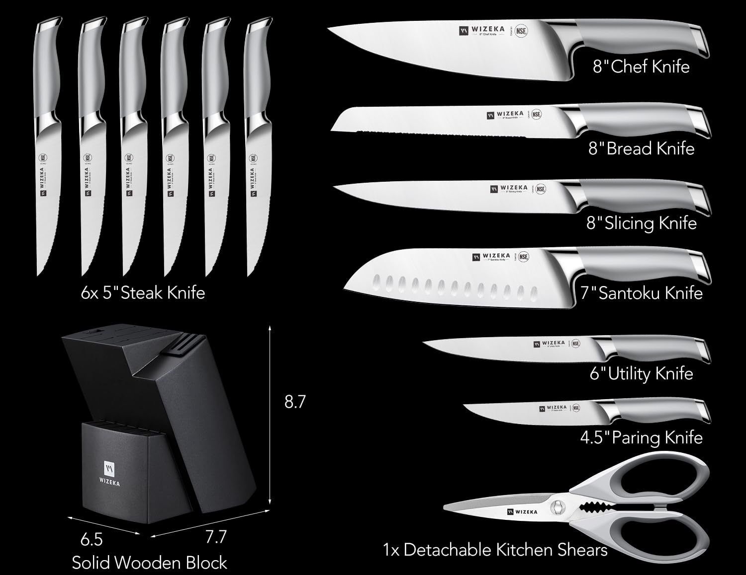 WIZEKA Kitchen Knife Set with Block, 15PCS Dishwasher Safe Knife Block Set with Sharpener, One-Piece German Stainless Steel Kitchen Knives, Silver Wings Series, Best Gifts for Him Her
