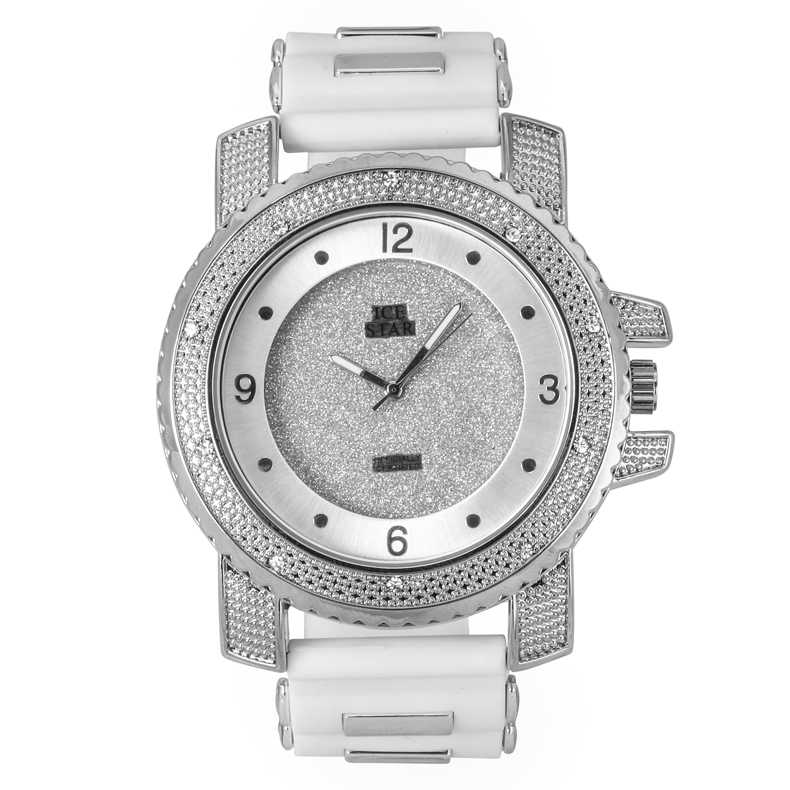 Techno Pave Men's Oversized 52mm Iced Numeral Dial Watch - Silver White Dial