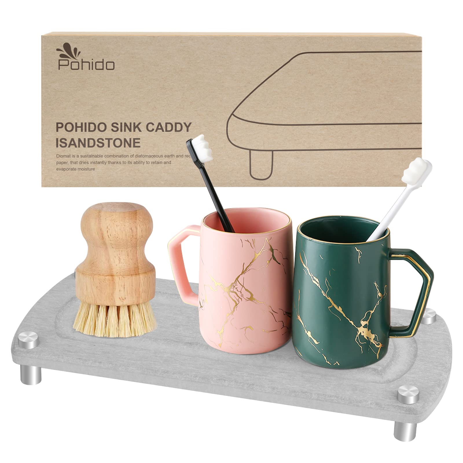 Pohido Quick Dry Sink Caddy Set with Water-Absorbing Stone Tray - Ideal Organizer for Kitchen and Bathroom Sinks, Effortless and Fast Drying Solution for Modern Home Countertops(Grey)
