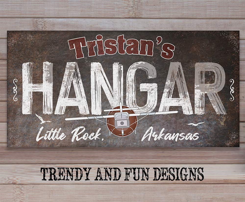 Personalized Hangar Airplane Print - Custom Print with Name and City State, Pilot Name Print and Aviation Sign, Antique Airplane Decor and Man Cave Gift, Rustic Metal Style Canvas Print 12x24