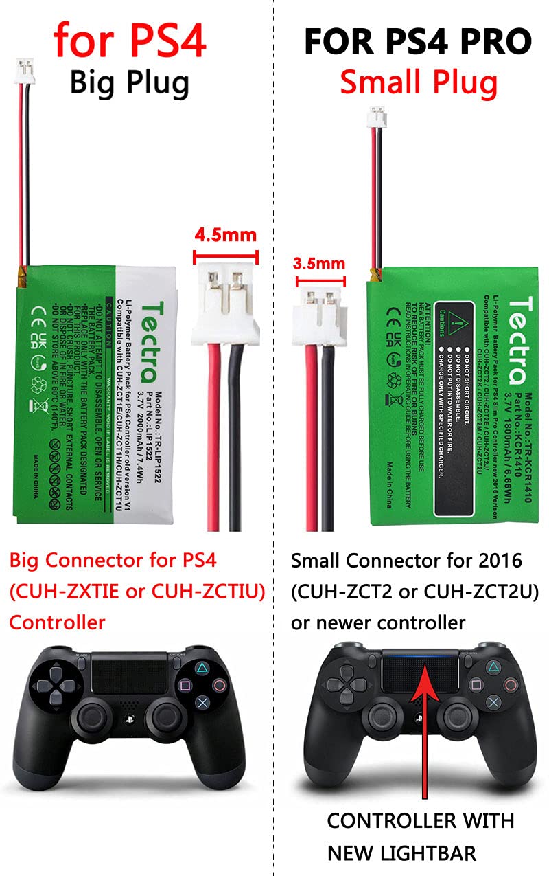Tectra 2000mAh LIP1522 Battery for Sony Playstation 4 Dual Shock 4 CUH-ZCT1U CUH-ZCT1E CUH-ZCT1H PS4 Wireless Controller 2015 and Before(Big Plug)