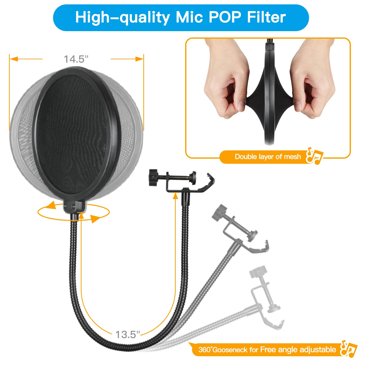 Pipishell Microphone Stand, Mic Stand with Pop Filter and Mic Holder, 5/8”Screw for Blue Yeti, Snowball, Spark, Yeti x and All Other Microphones -PIMS01