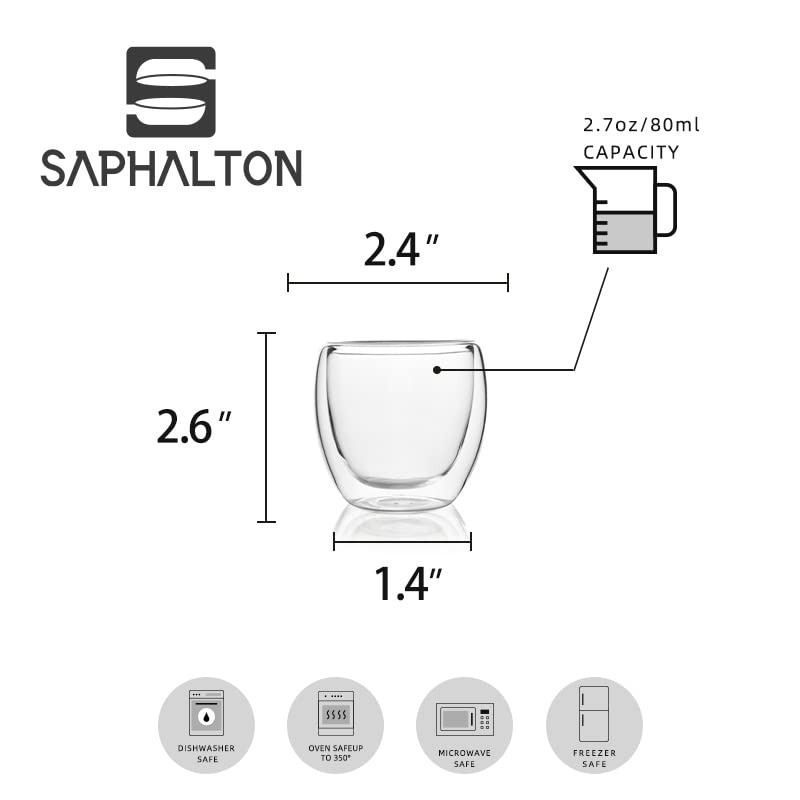 SAPHALTON Double Wall Glass Coffee Mugs without Handle, 2.5 oz /8.5 oz /11.8oz Tea Cups, Clear Glass Drinkware for Espresso,Cappuccino, Latte,Hot Beverages (2.5 OZ)