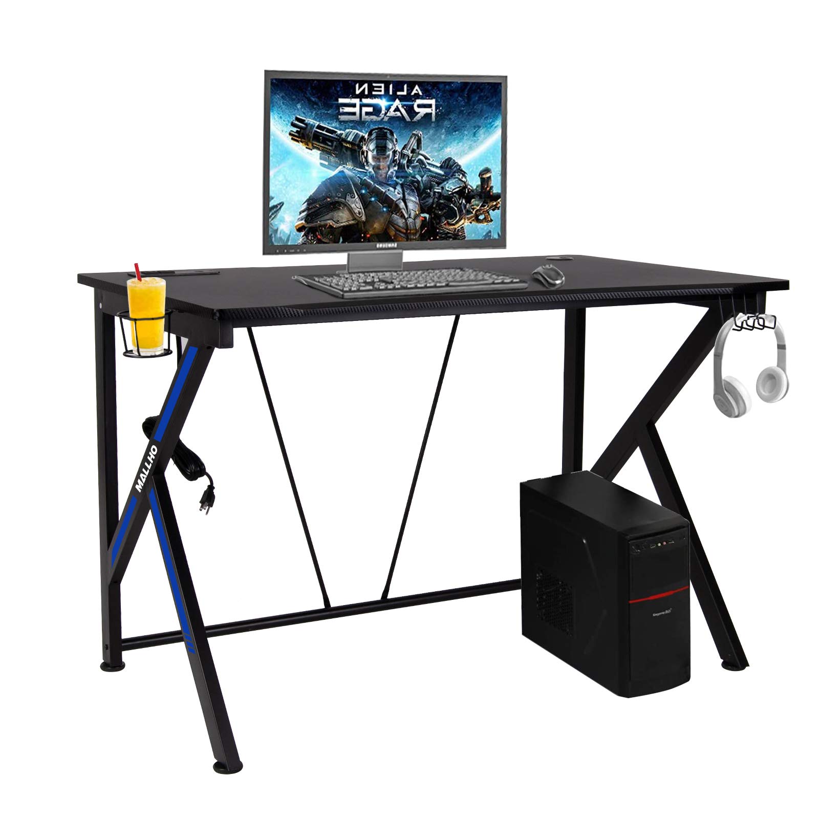 Polar Aurora K-Shaped Gaming Desk 45.1" W x 28.6" D Home Office Computer Table, Black Gamer Workstation with Cup and Headphone Hooks, Cable Management Hole and Built-in Multi-Function Socket(Blue)
