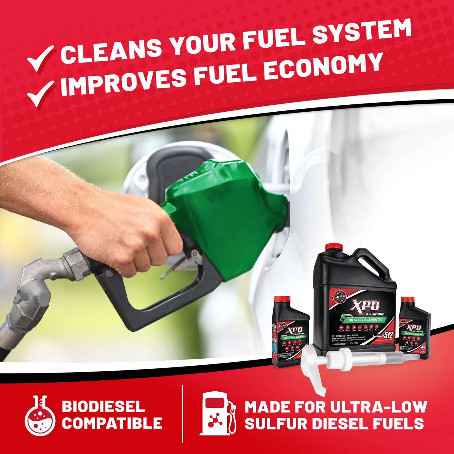 Opti-Lube XPD All Seasons Diesel Fuel Additive: 1 Gallon with Accessories (1 Hand Pump & 2 Empty 8oz Bottles) (1 Gallon XPD with Hand Pump and Regular Accessory Bottles)