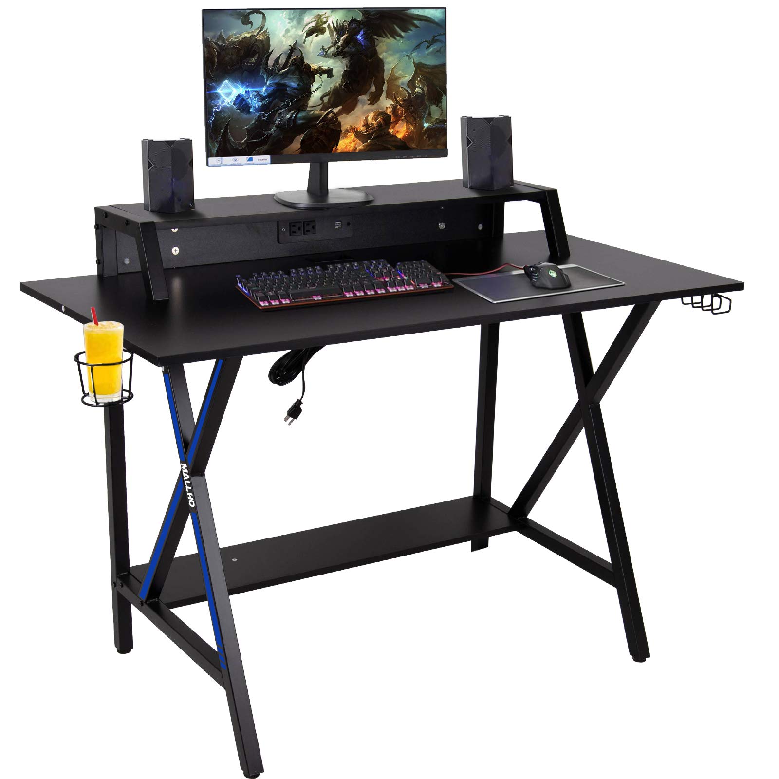 Polar Aurora X-Shaped Gaming Desk 47.5" W x 23.5" D Home Office Computer Table, Black Gamer Workstation w/a Monitor Stand, Cable Management Hole and Built-in Multi-Function Socket(Blue)