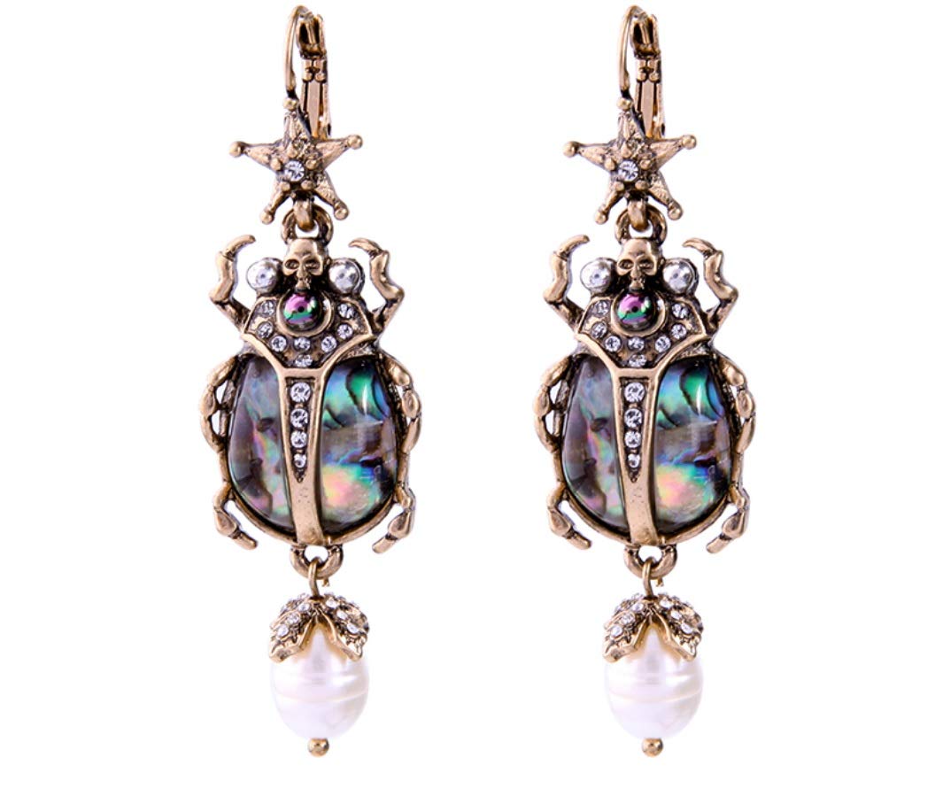 NorthStar Pearls and Jewelry Earrings Scarab Bug Beetle Dangle Drop Earrings Vintage Gold-tone Simulated Abalone. Statement earrings, big earrings