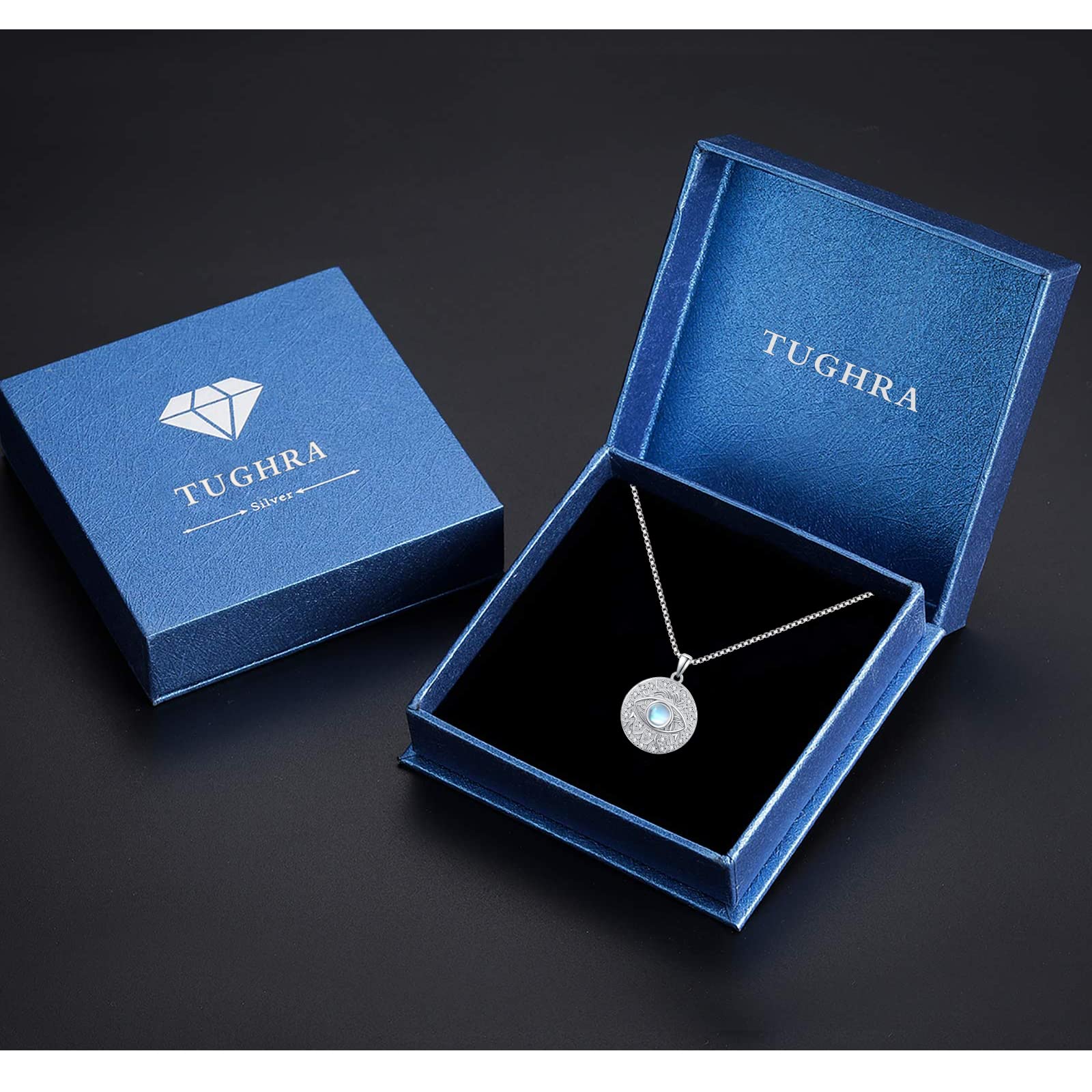 TUGHRA Evil Eye Necklace S925 Sterling Silver Moonstone Evil Eye Pendant Necklaces Protection Jewelry Amulet Gift for Women Men Birthday Anniversary