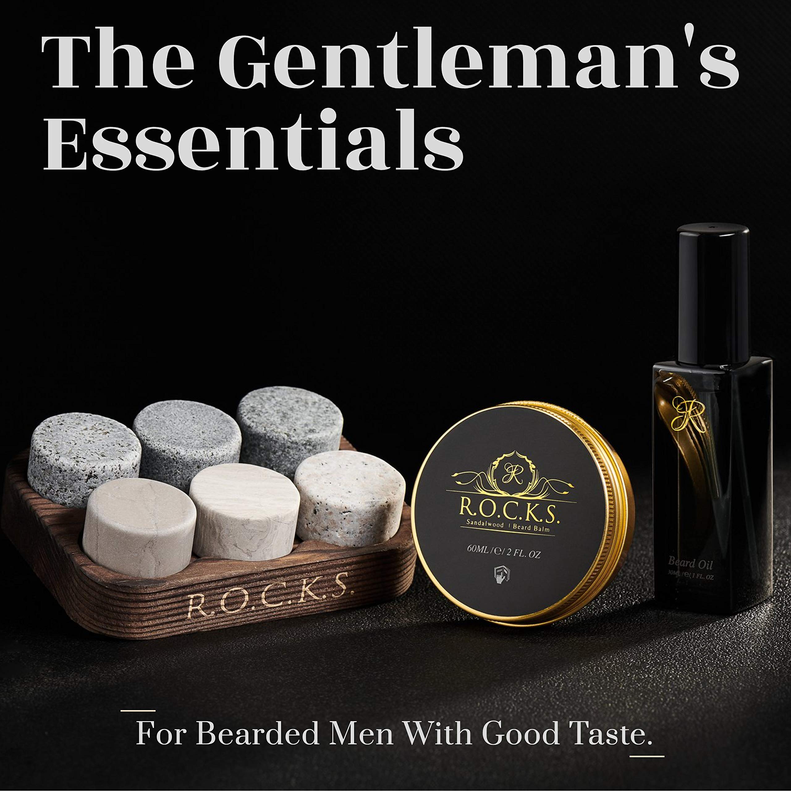 Whiskey Chilling Stones & Beard Care Grooming Kit Gift Set - 6 Handcrafted Granite Round Rocks -
Sandalwood Scent Oil & Balm - Whiskey Gift for Men in Elegant Gold Foil Box