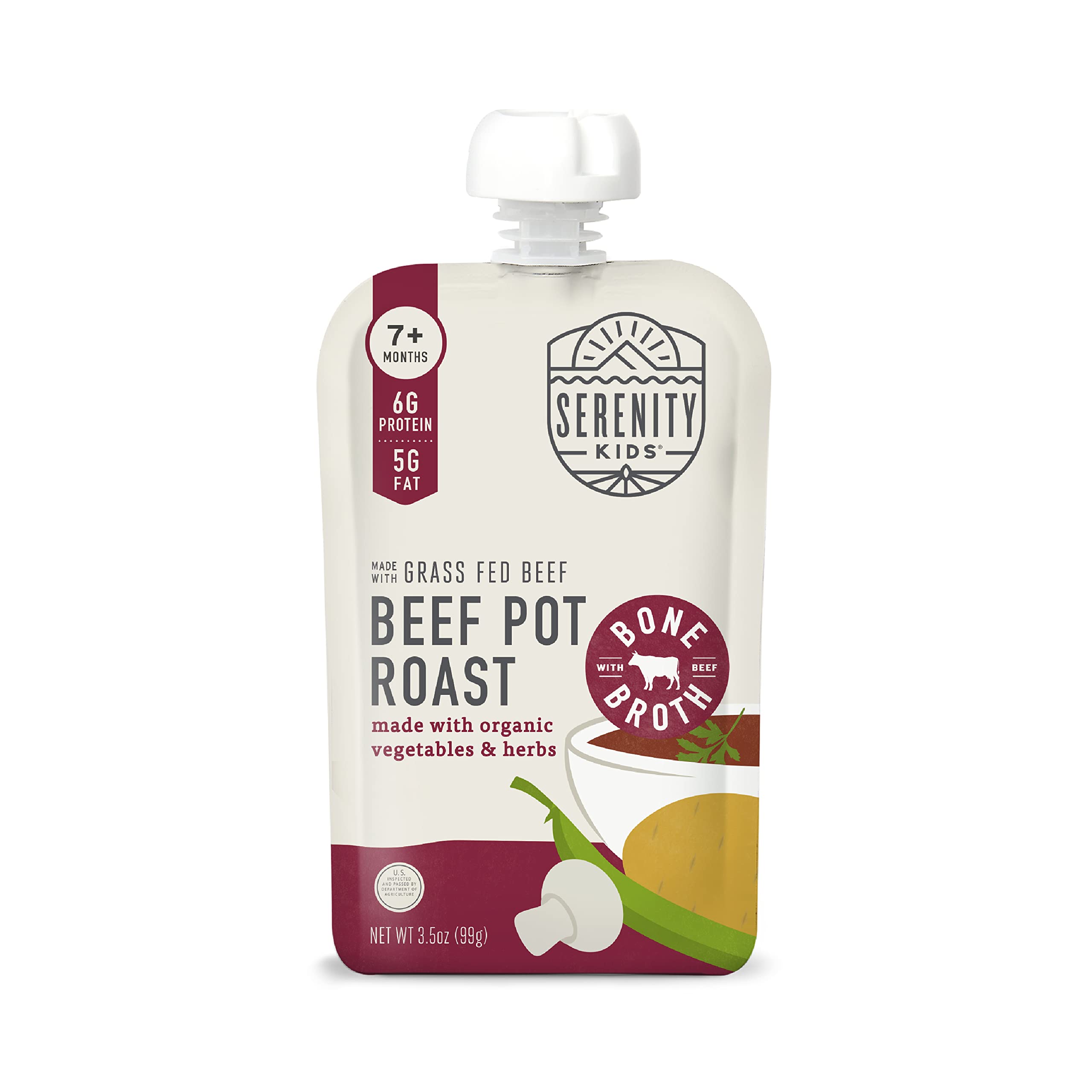 Serenity Kids Bone Broth Puree Made With Organic Veggies | Clean Label Project Purity Award Certified | 3.5 Ounce BPA-Free Pouch | Grass Fed Beef Pot Roast | 12 Count