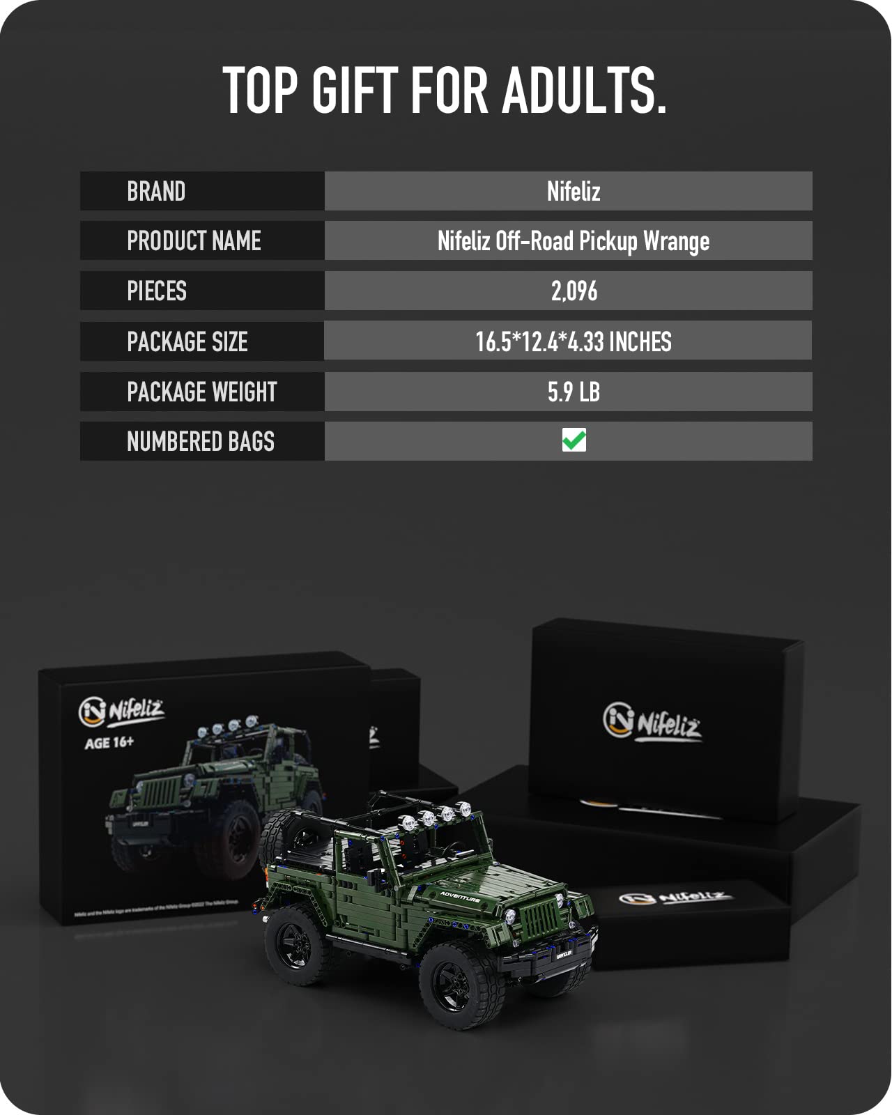 Nifeliz Off-Road Pickup Wrange, 1:8 MOC Technique Building Set, Engineering Model Car Toy for Adults (2,096 Pieces)