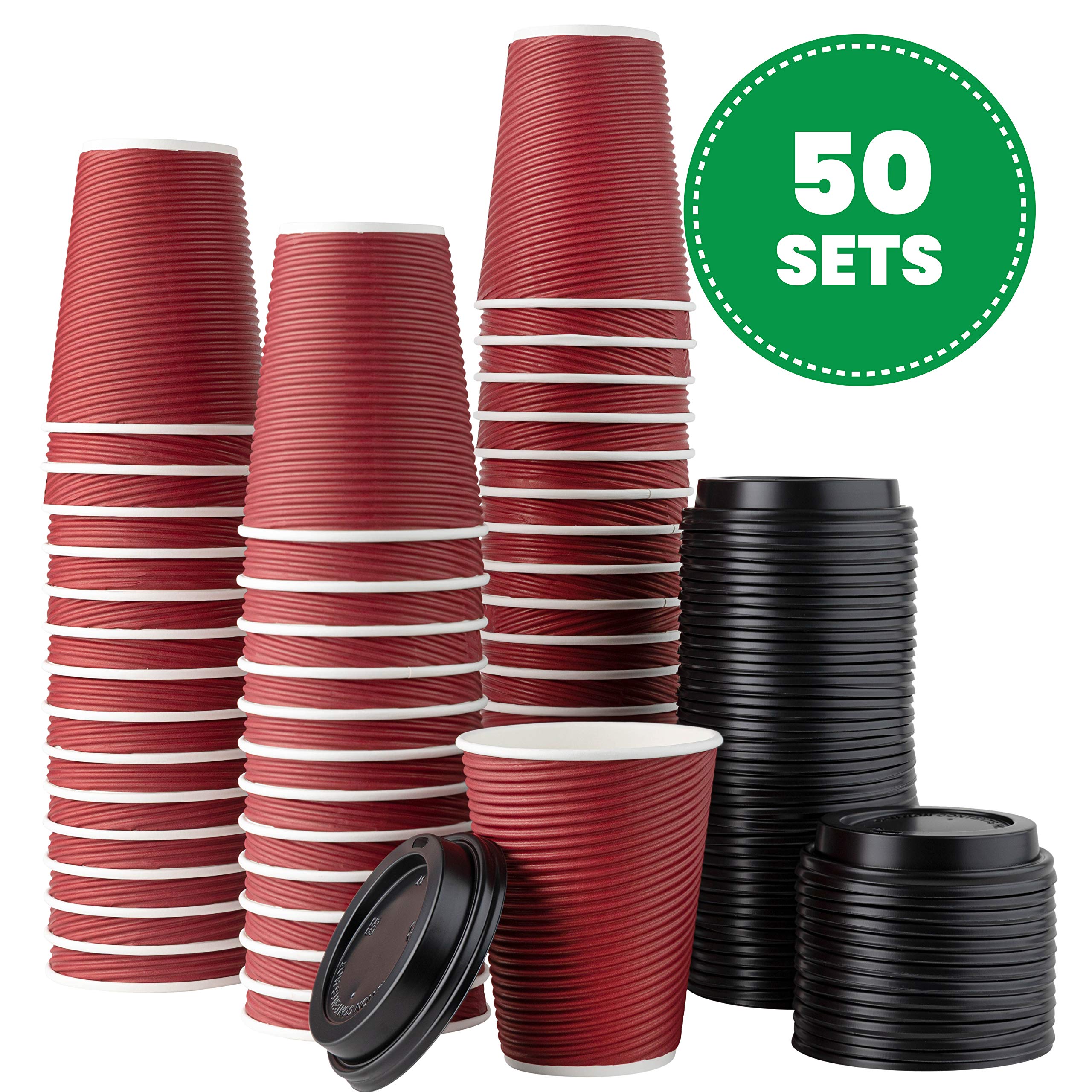 PLASTICPRO [50 Sets - 12 oz.] Insulated Rippled Double Wall Paper Hot Coffee Cups With Lids, Burgundy
