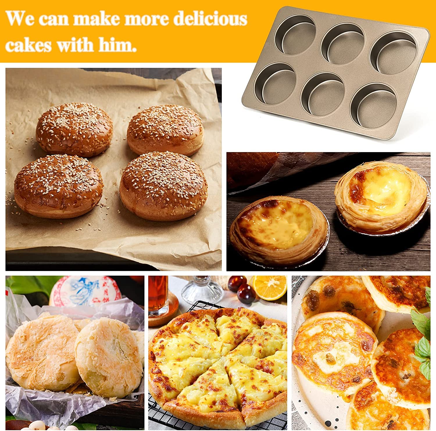 Muffin Top Pan, Hamburger Bun Pan, 6 Cavities Baking Tray,3.5 inches, for Baking Hamburgers, Cakes, Muffins and Poached Eggs Gold