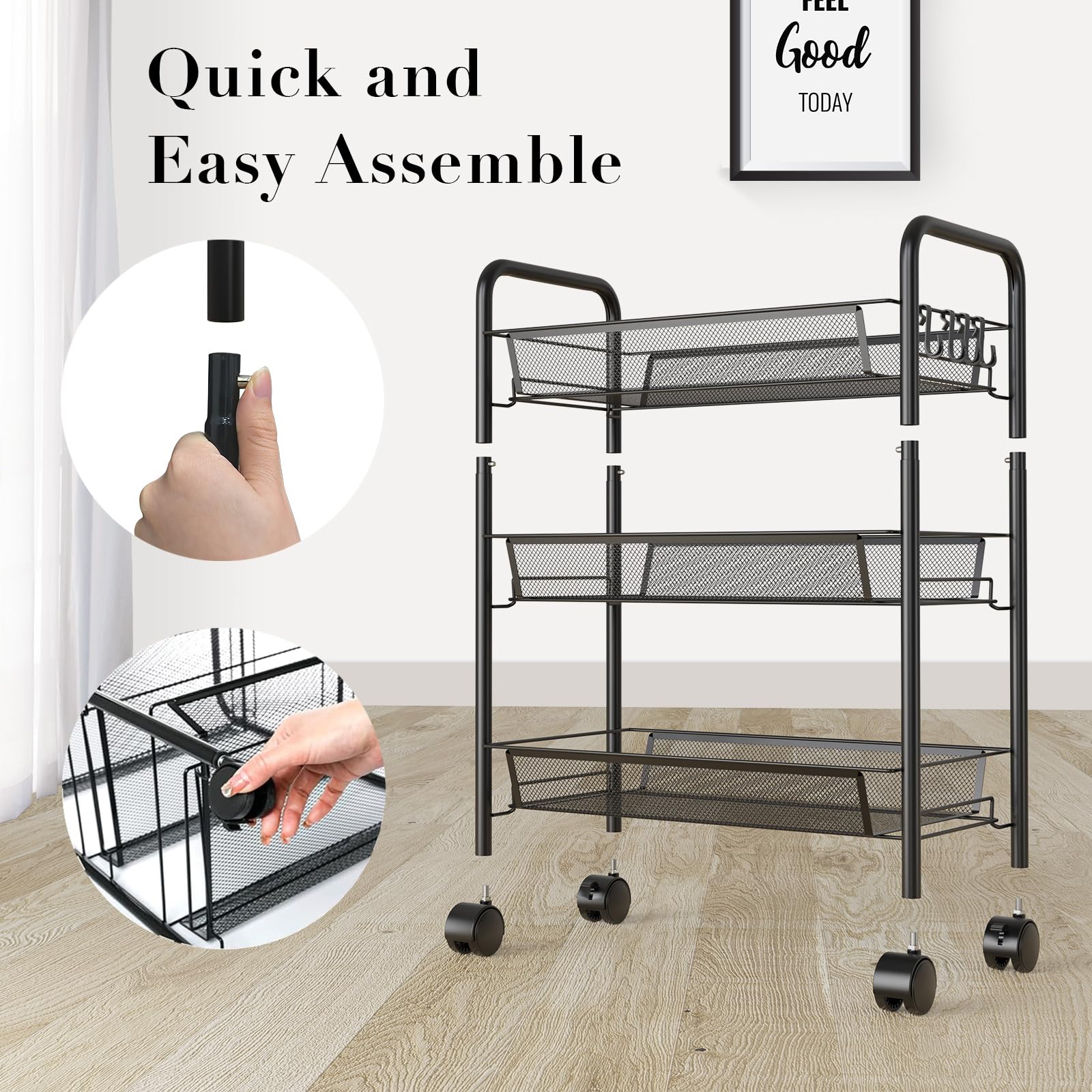 Pokfeic 3-Tier All Metal Rolling Utility Cart, Rolling Metal Organization Cart with Lockable Wheels, Easy Assembly Mobile Utility Cart for Kitchen, Bathroom, Office, Workshop, Rolling Storage Cart